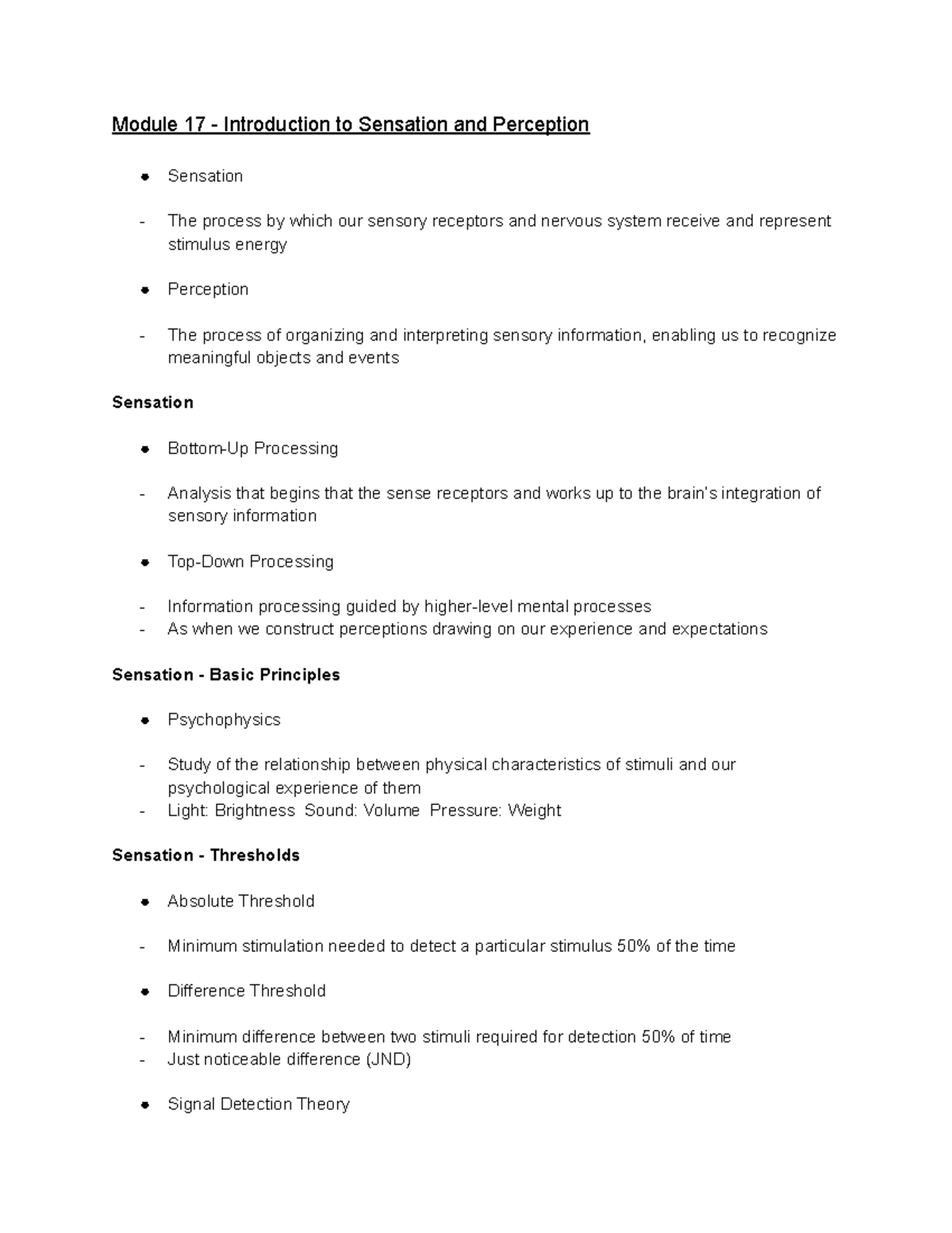 Exam 4 Material - Psychology - Module 17 - Introduction to Sensation ...