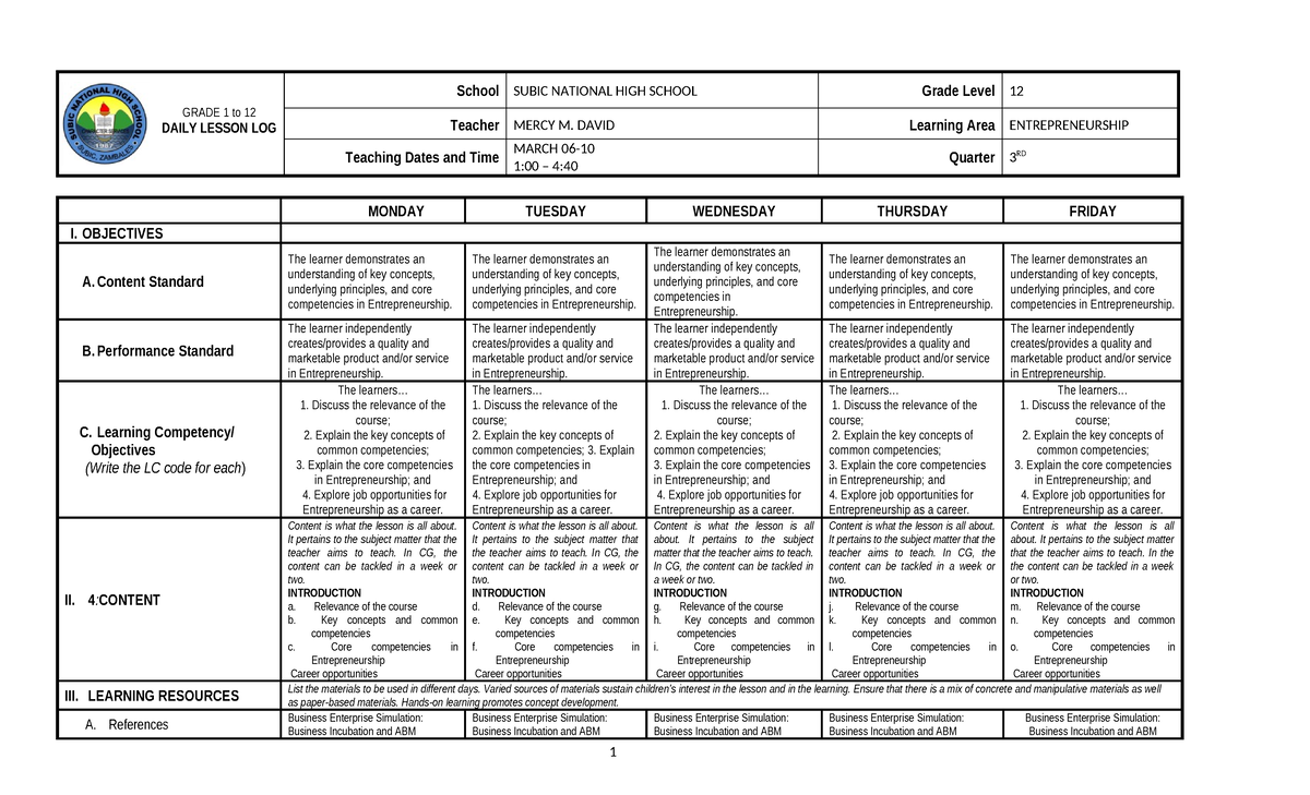 Entrep- QTR 2 WEEK 3 - GRADE 1 to 12 DAILY LESSON LOG School SUBIC ...