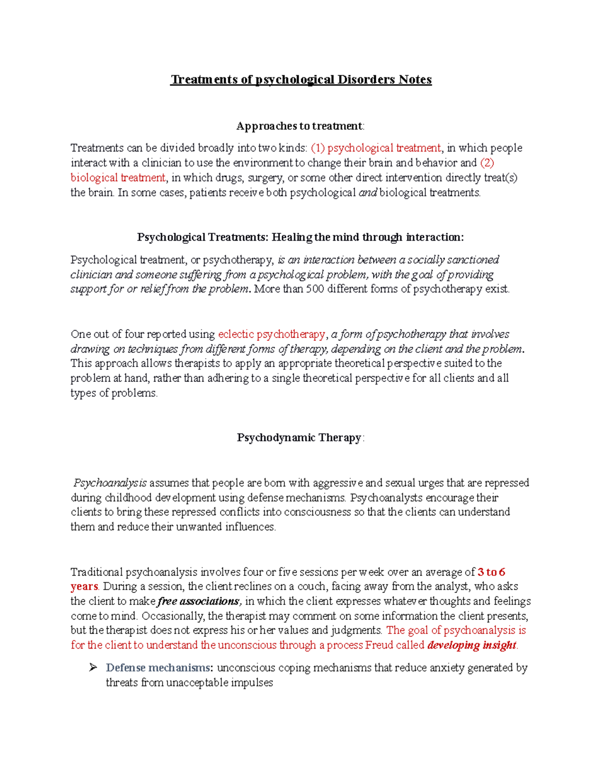Treatments of psychological Disorders Notes - Treatments of ...