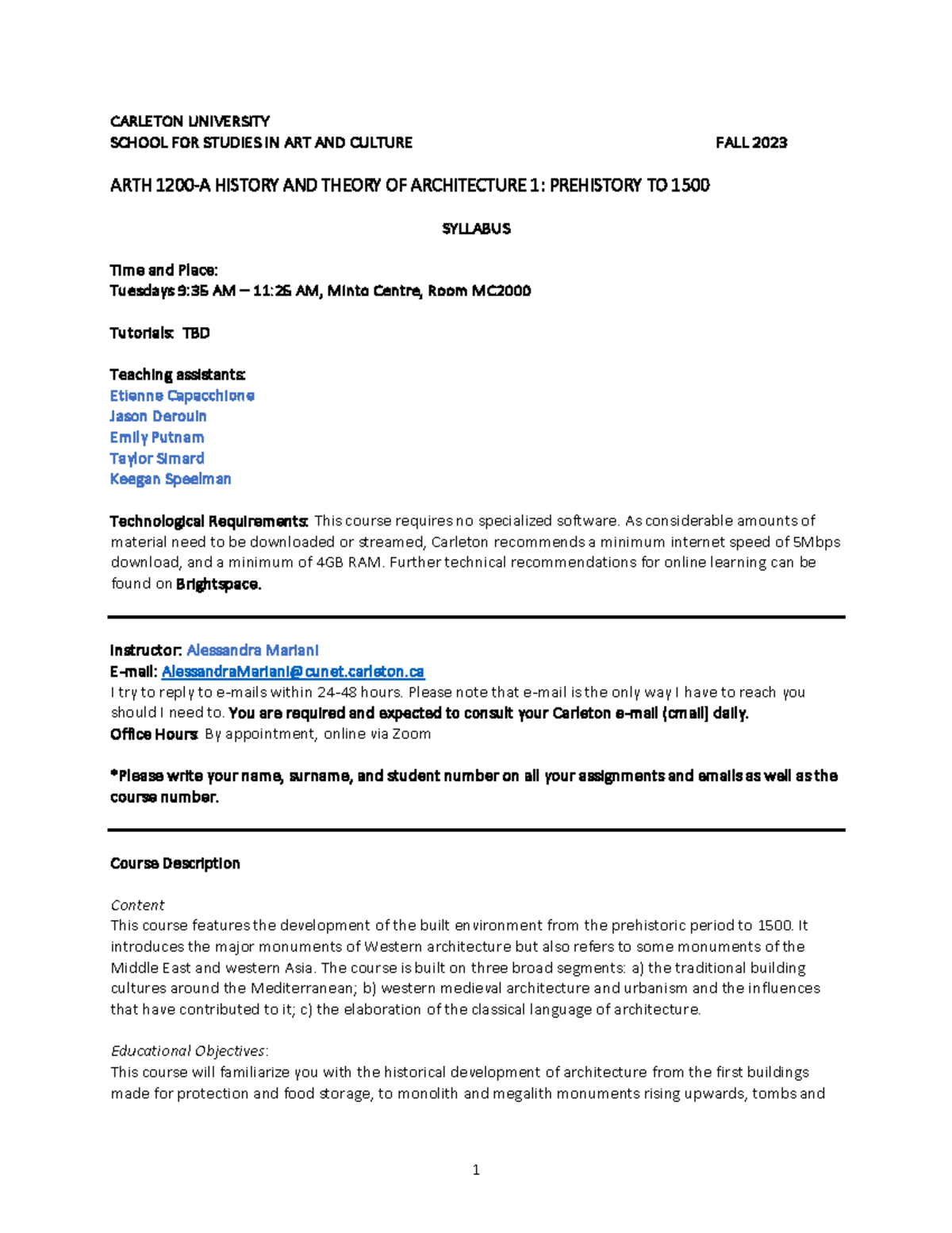ARTH 1200-A 2023 Syllabus Mariani revised - CARLETON UNIVERSITY SCHOOL ...