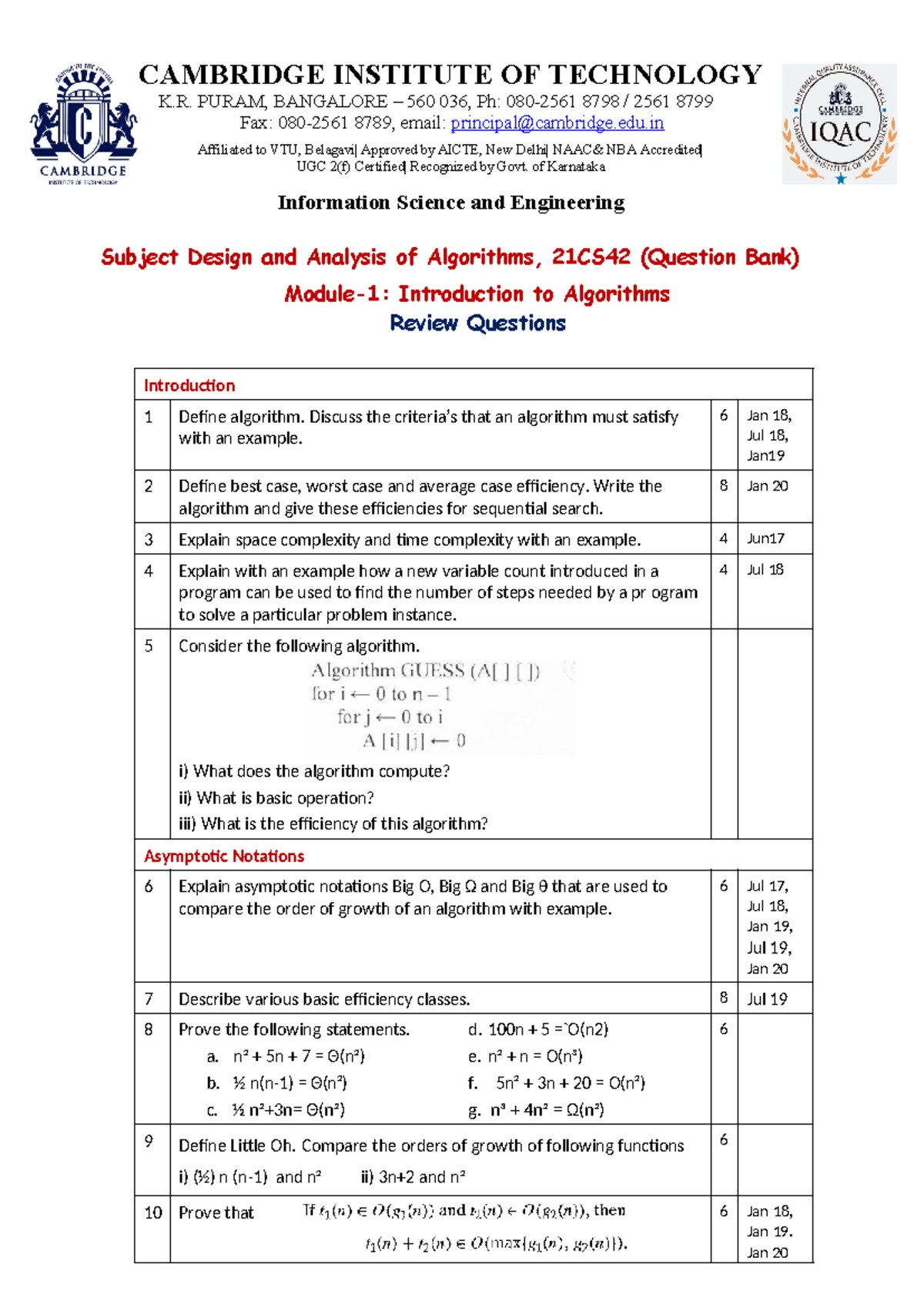 21CS42 daa m1 questions - CAMBRIDGE INSTITUTE OF TECHNOLOGY K. PURAM ...