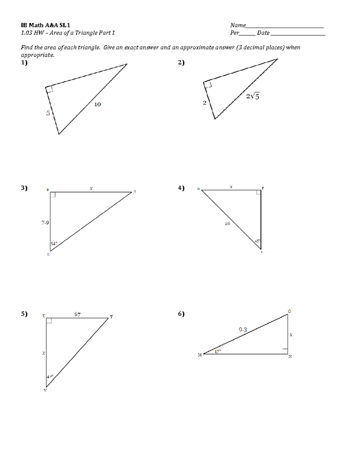 1.03 HW Area of a Triangle Part 1 - IB Math A&A SL1 Name