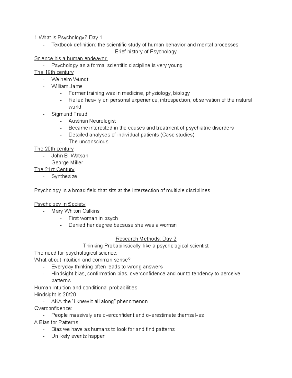 Intro to Psych Science Notes - Maeve Onley - 1 What is Psychology? Day ...