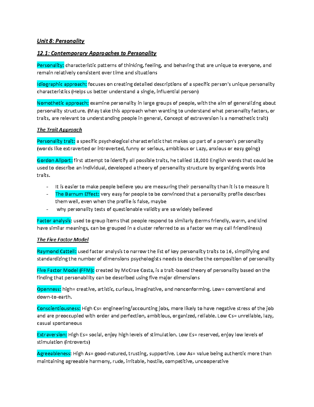 Unit 8 Psych - unit 8 - Unit 8: Personality 12: Contemporary Approaches ...