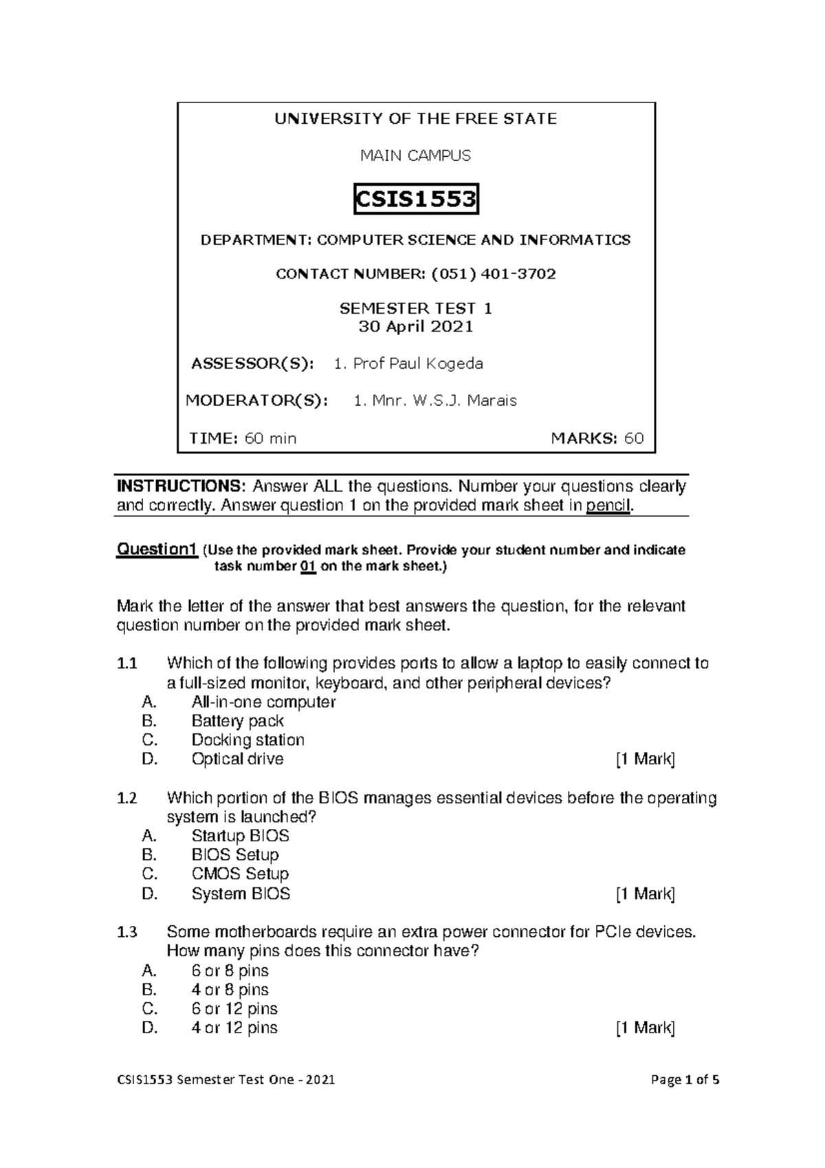 CSIS1553 Semester Test 1 2021 - UNIVERSITY OF THE FREE STATE MAIN ...