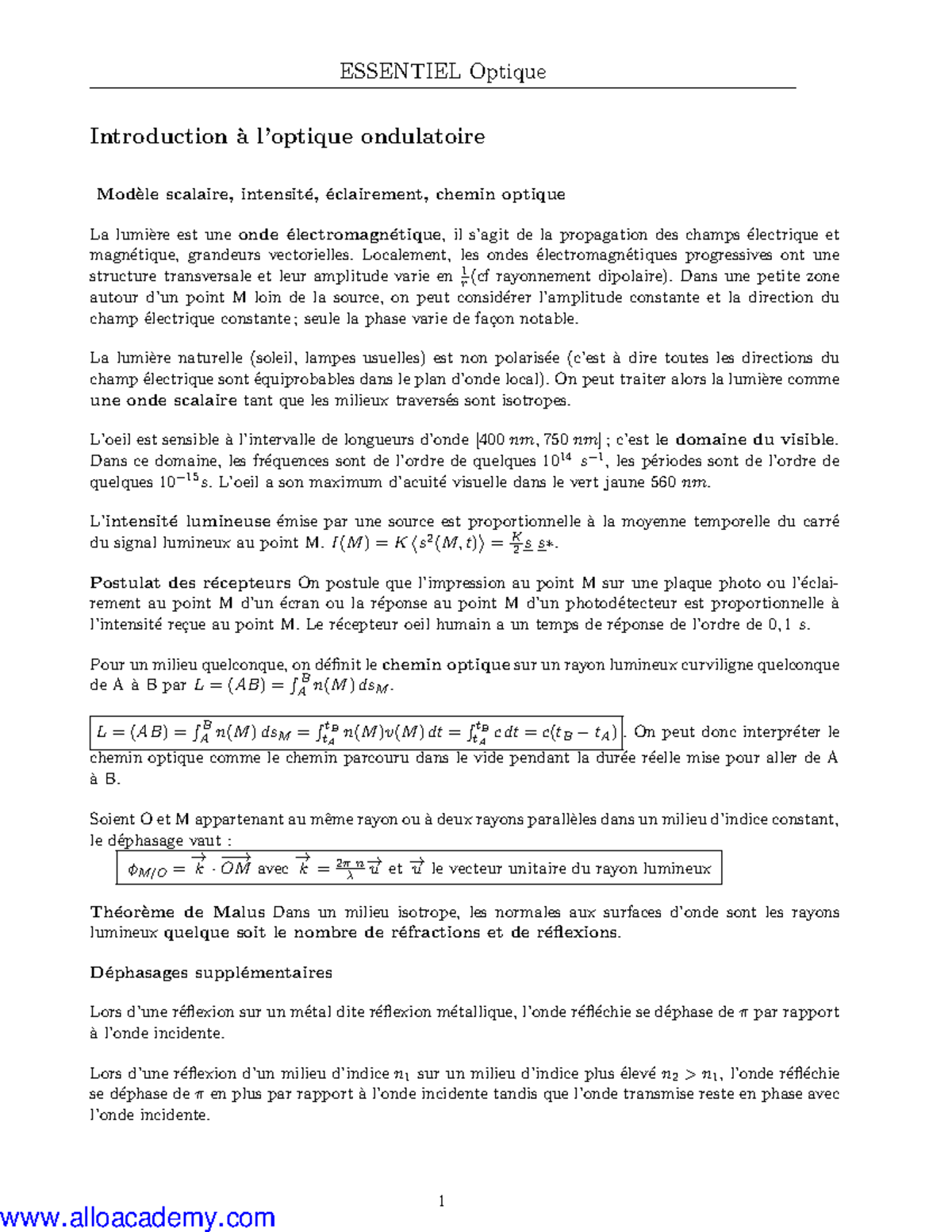 Résumé-03-Optique Ondulatoire-(www - ESSENTIEL Optique Introduction `a l’optique ondulatoire Mod ...