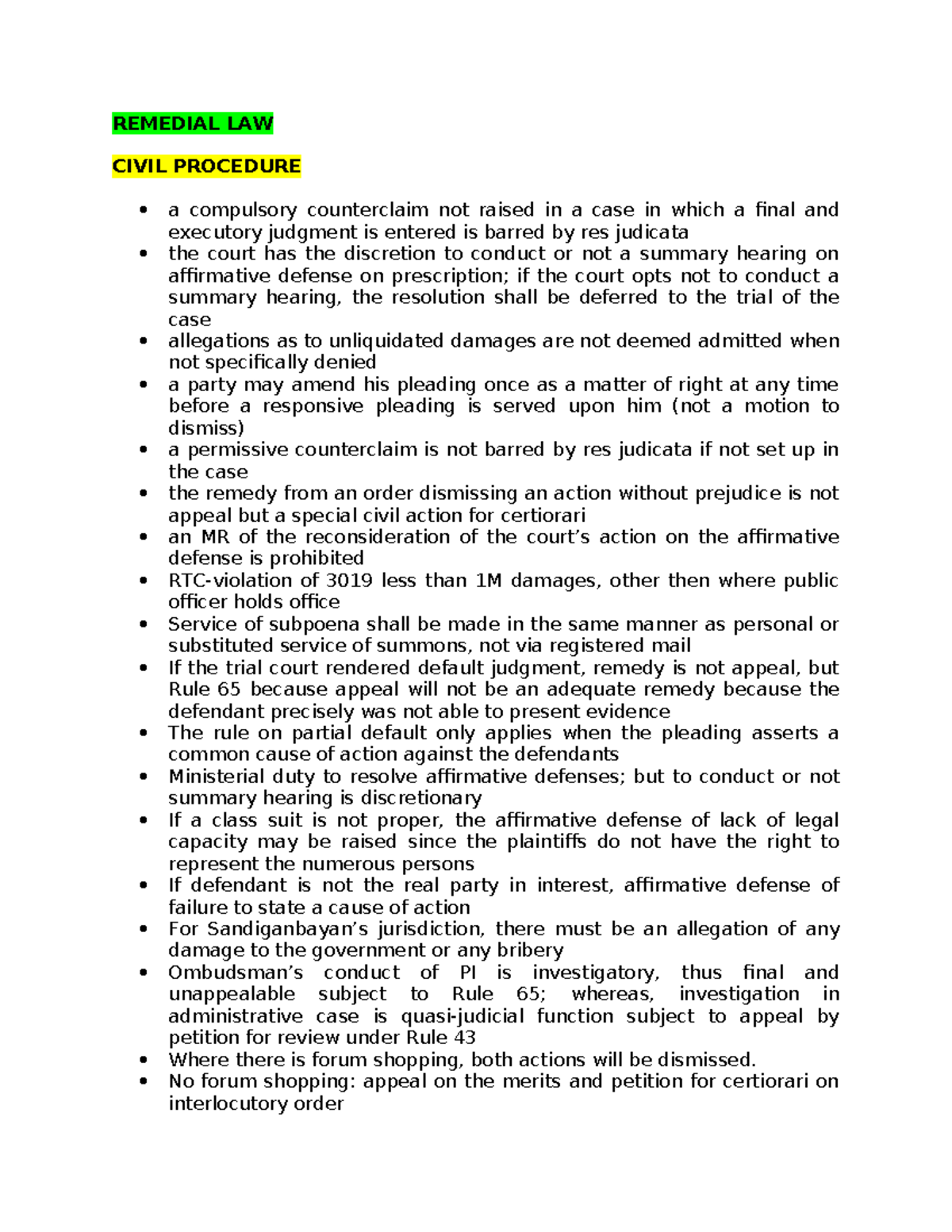 REM Brain Exercise - Summary Bachelors of LAW - REMEDIAL LAW CIVIL ...