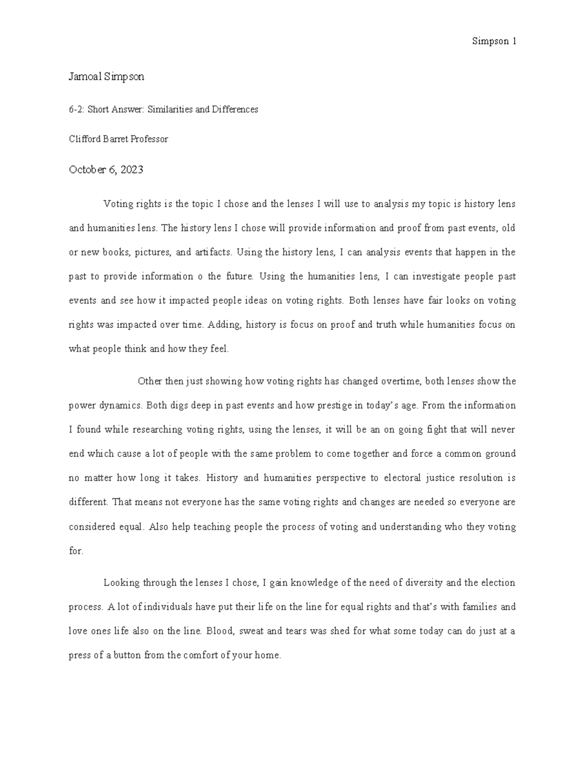 Libral Arts 6-2 - N/A - Simpson 1 Jamoal Simpson 6-2: Short Answer ...