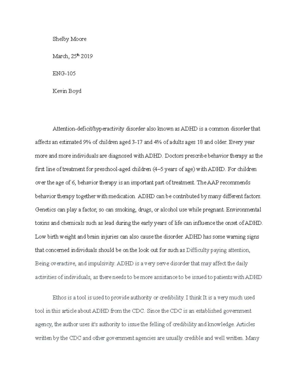 ADHD rhetorical essay - Grade: A - Shelby Moore March, 25th 2019 ENG ...