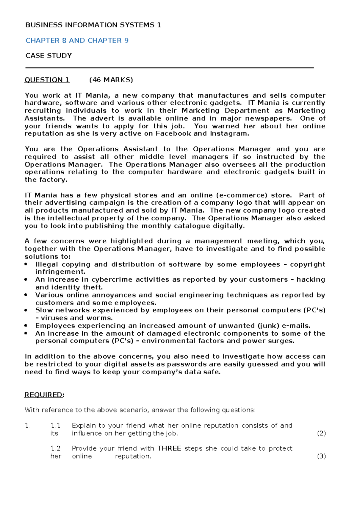 BIS1 Chapter 8 and 9 Revision Case Study - BUSINESS INFORMATION SYSTEMS ...