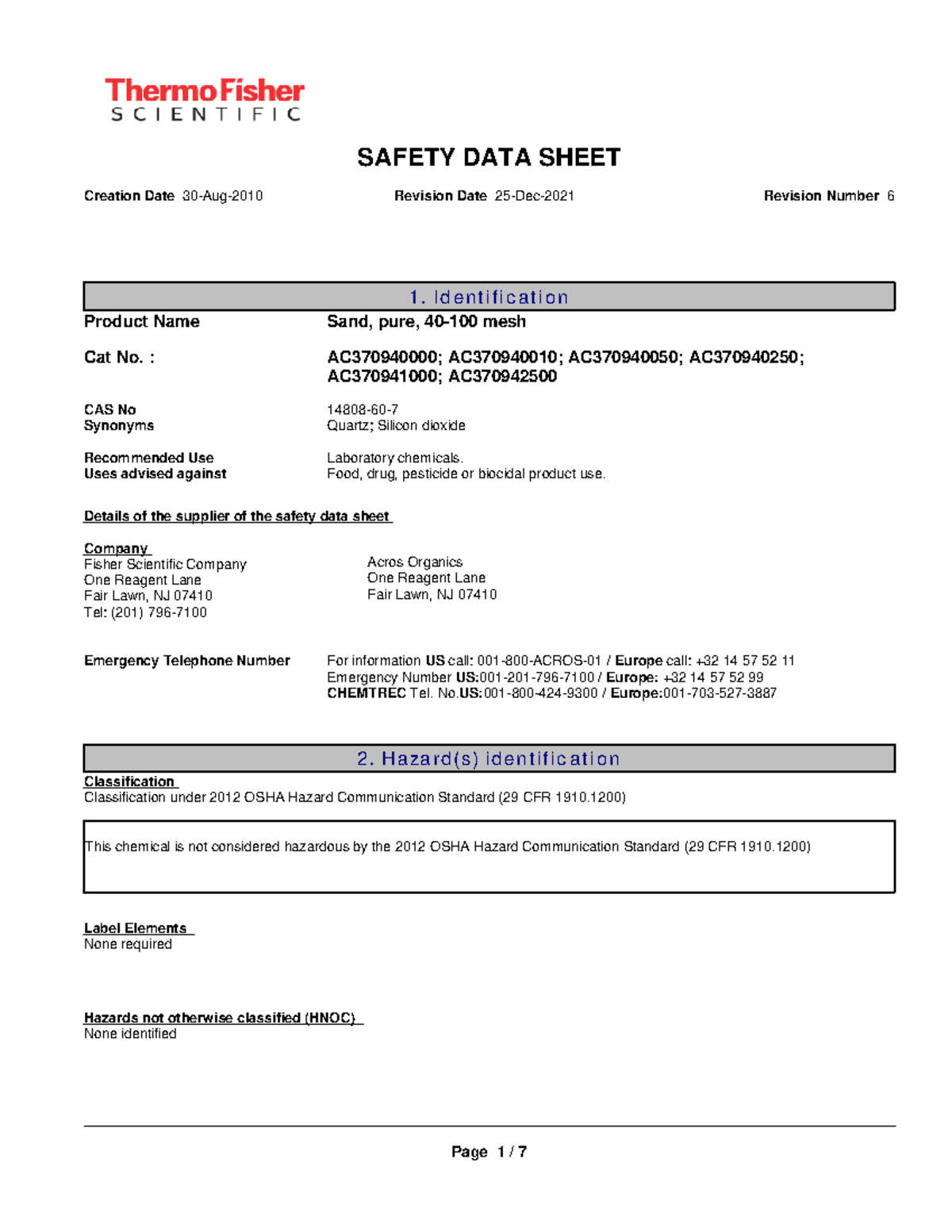 SAND PURE 40 100 Meshsand P - SAFETY DATA SHEET Creation Date 30-Aug-2010 Revision Date 25-Dec ...