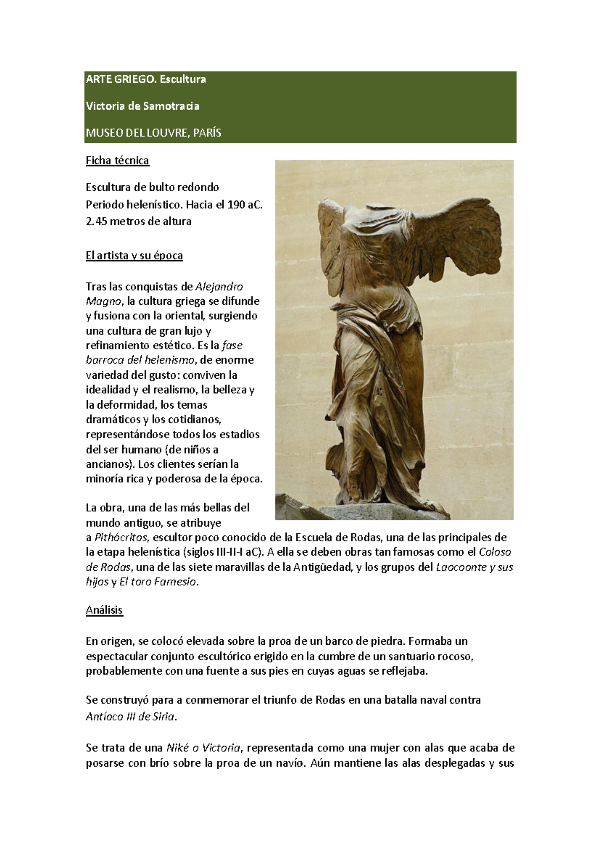 ARTE Griego Victoria de Samotracia - ARTE GRIEGO. Escultura Victoria de ...