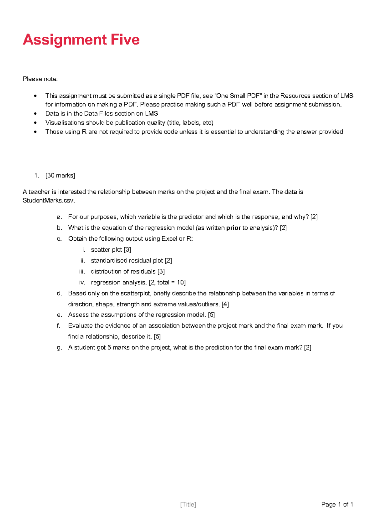 Assignment Five - [Title] Page 1 of 1 Assignment Five Please note ...