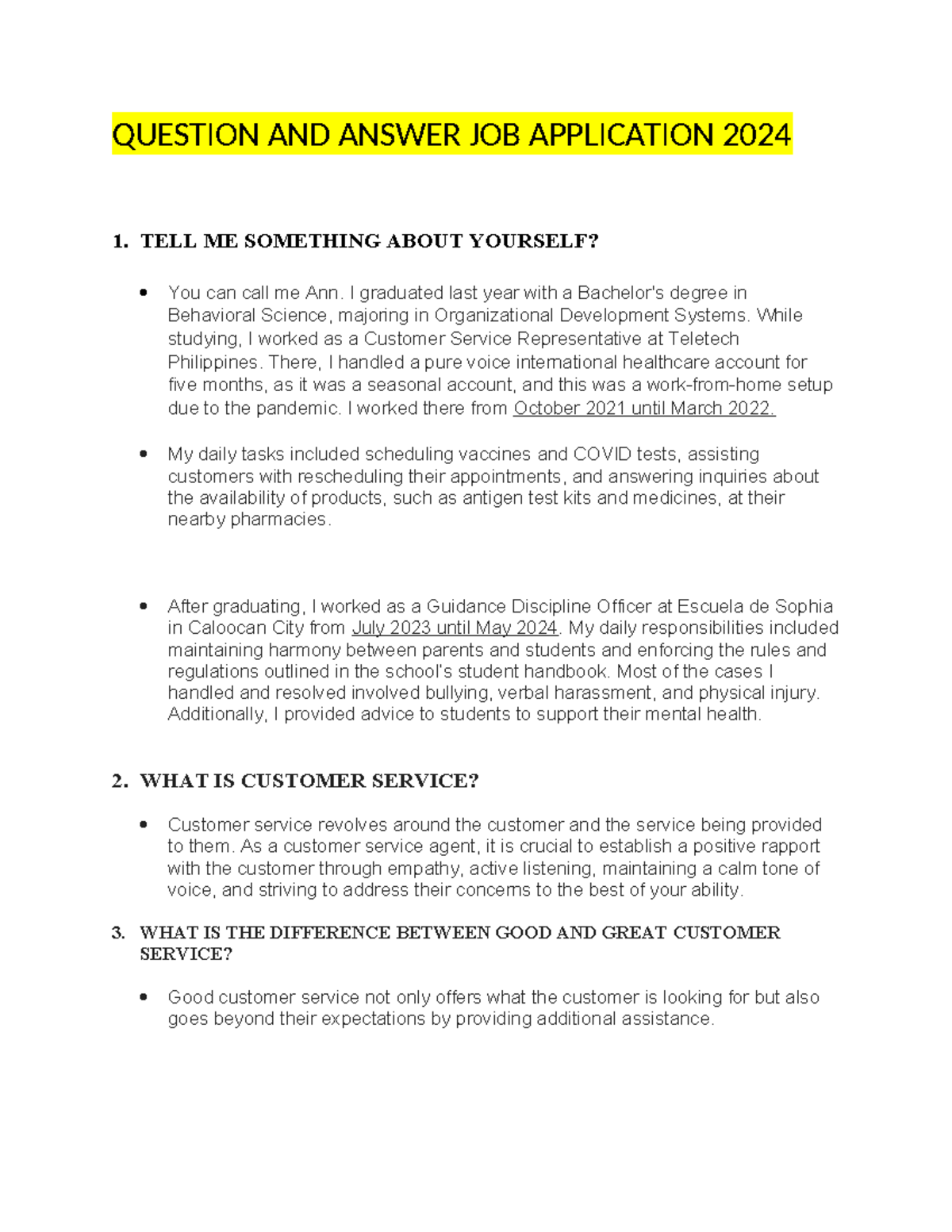 Question AND Answer JOB Application 2024 - QUESTION AND ANSWER JOB ...