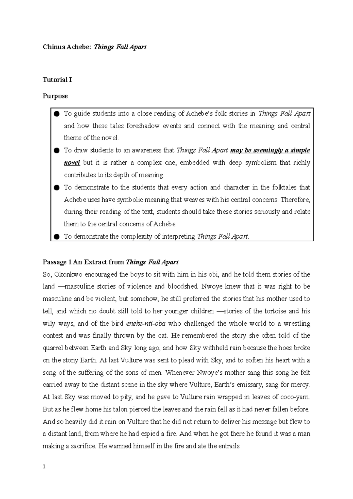 Achebe Tutorial 1 - Chinua Achebe: Things Fall Apart Tutorial I Purpose ...