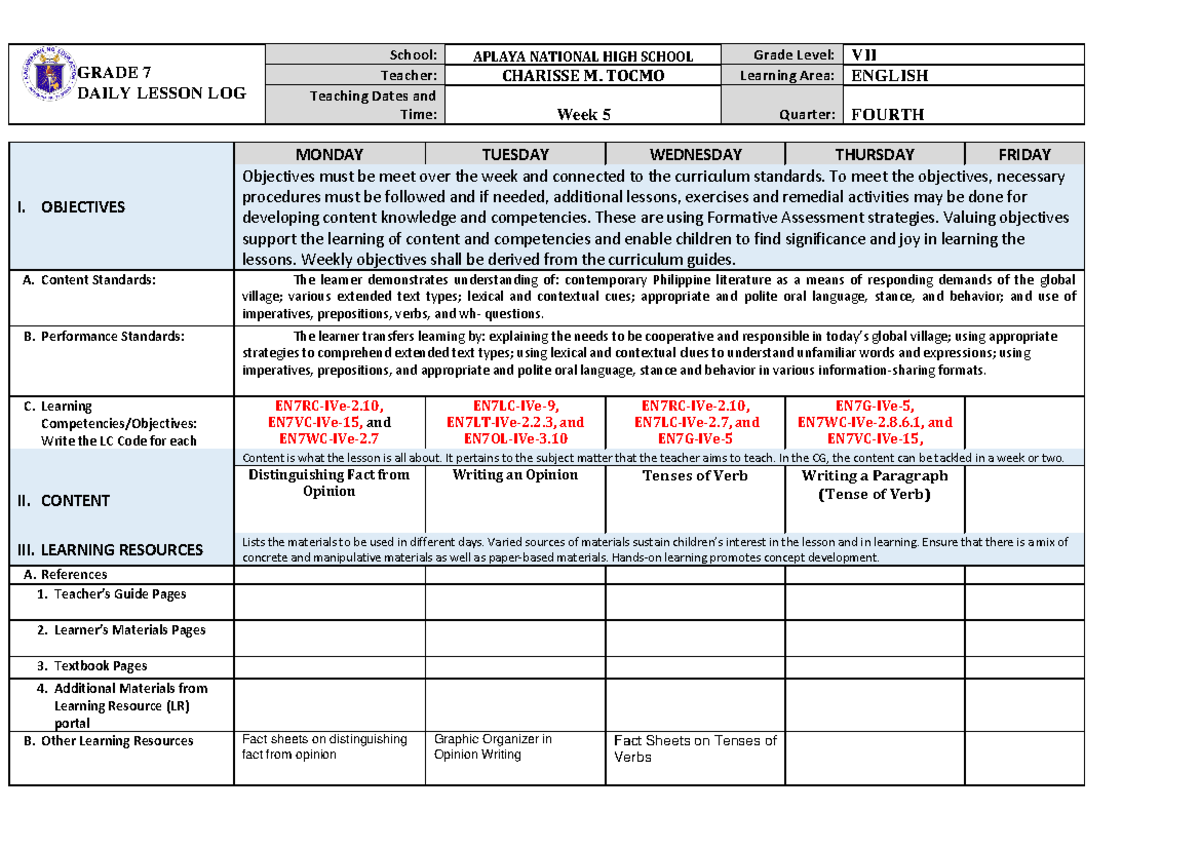 DLL 4th-Qrtr Week-5 - this is a personal reviewer on this subject ...