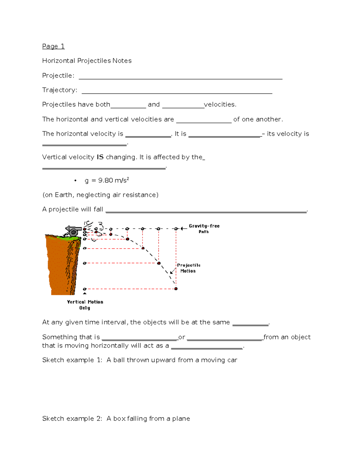 Notes - Horizontal Projectiles Notes - Page 1 Horizontal Projectiles ...
