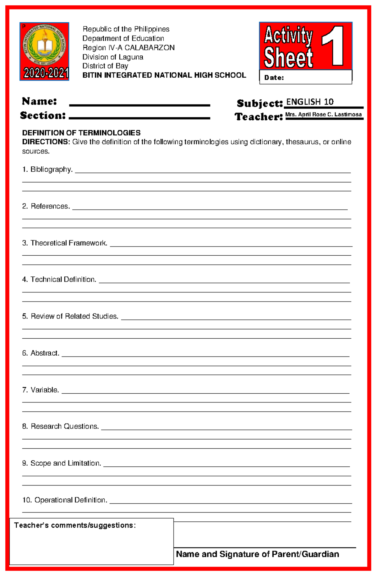 LAS- English 10-4TH Quarter - Mrs. April Rose C. Lastimosa P DEFINITION ...