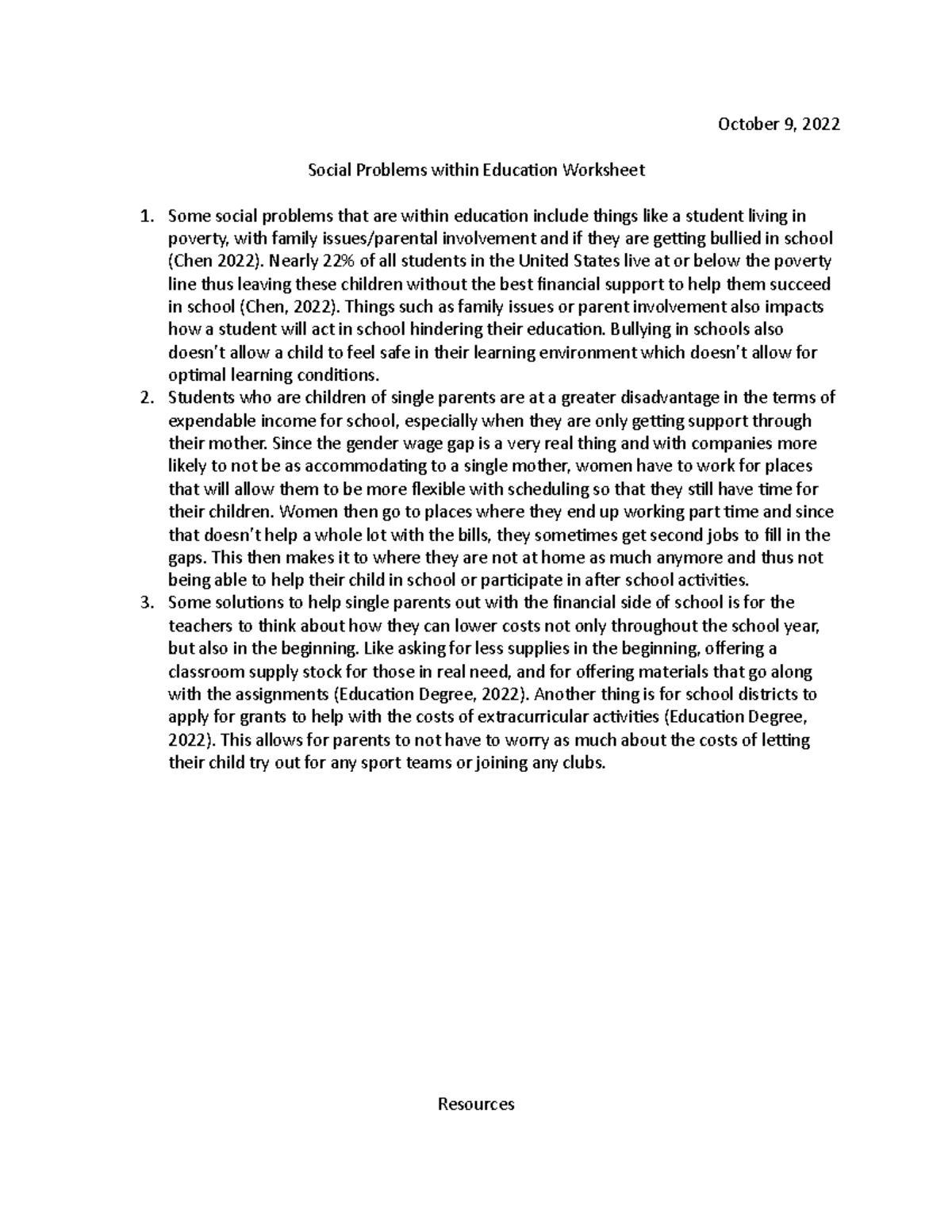 Social Problems within Education Worksheet - October 9, 2022 Social ...