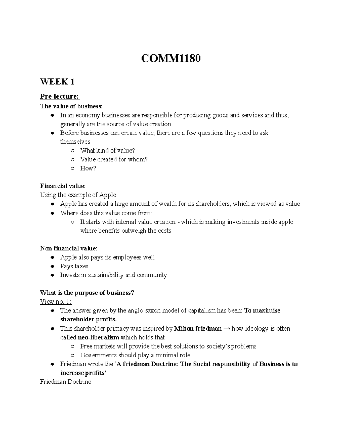 Comm1180 week 1 notes - COMM WEEK 1 Pre lecture: The value of business ...