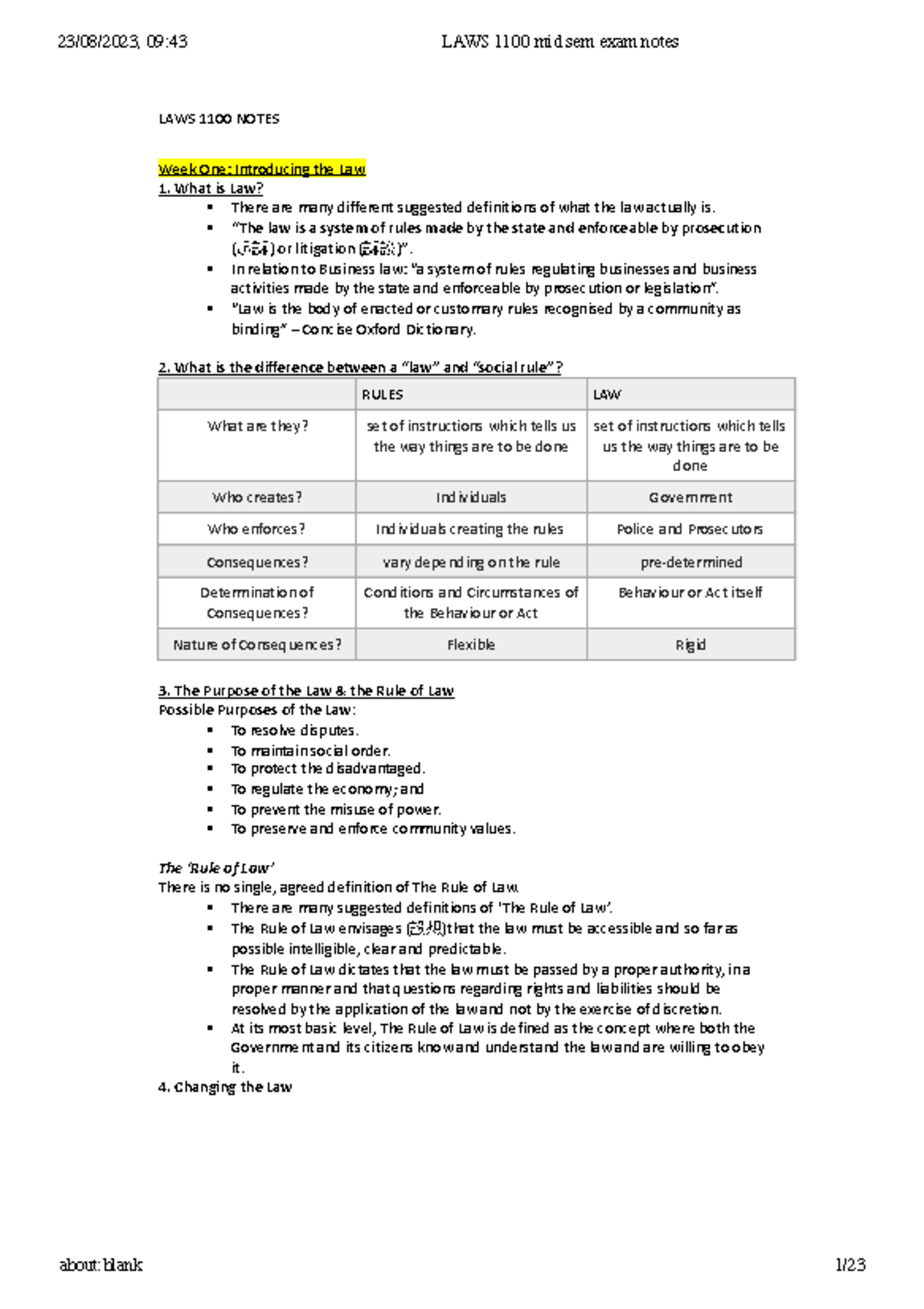 LAWS 1100 mid sem exam notes - LAWS 1100 NOTES Week One: Introducing ...