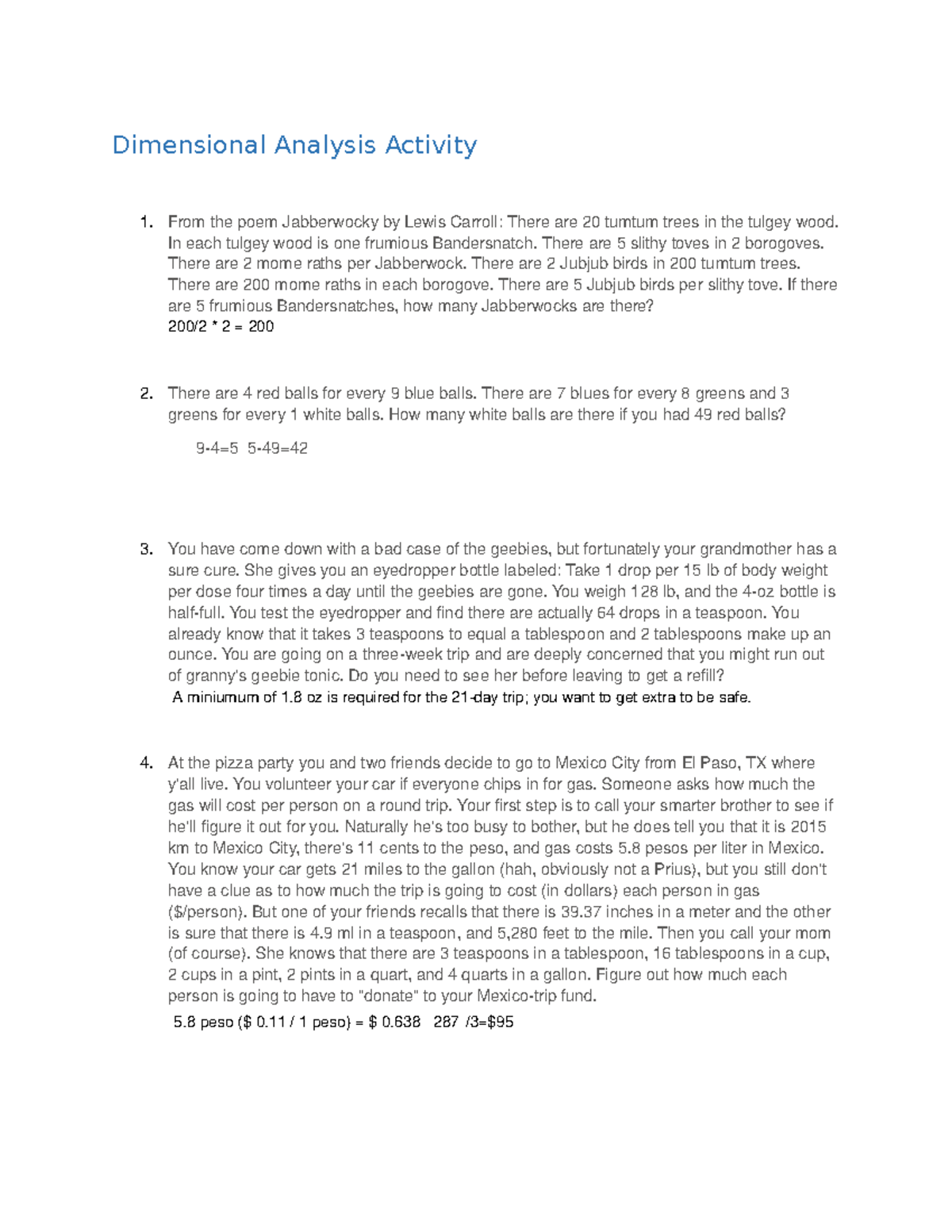 DA handout - Dimensional Analysis Activity - Dimensional Analysis ...