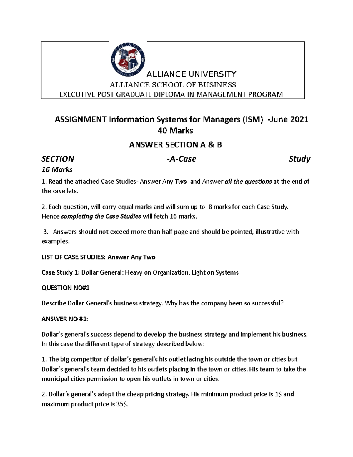 Assignment Information Systems FOR Managers.doc June 2021 - ALLIANCE ...