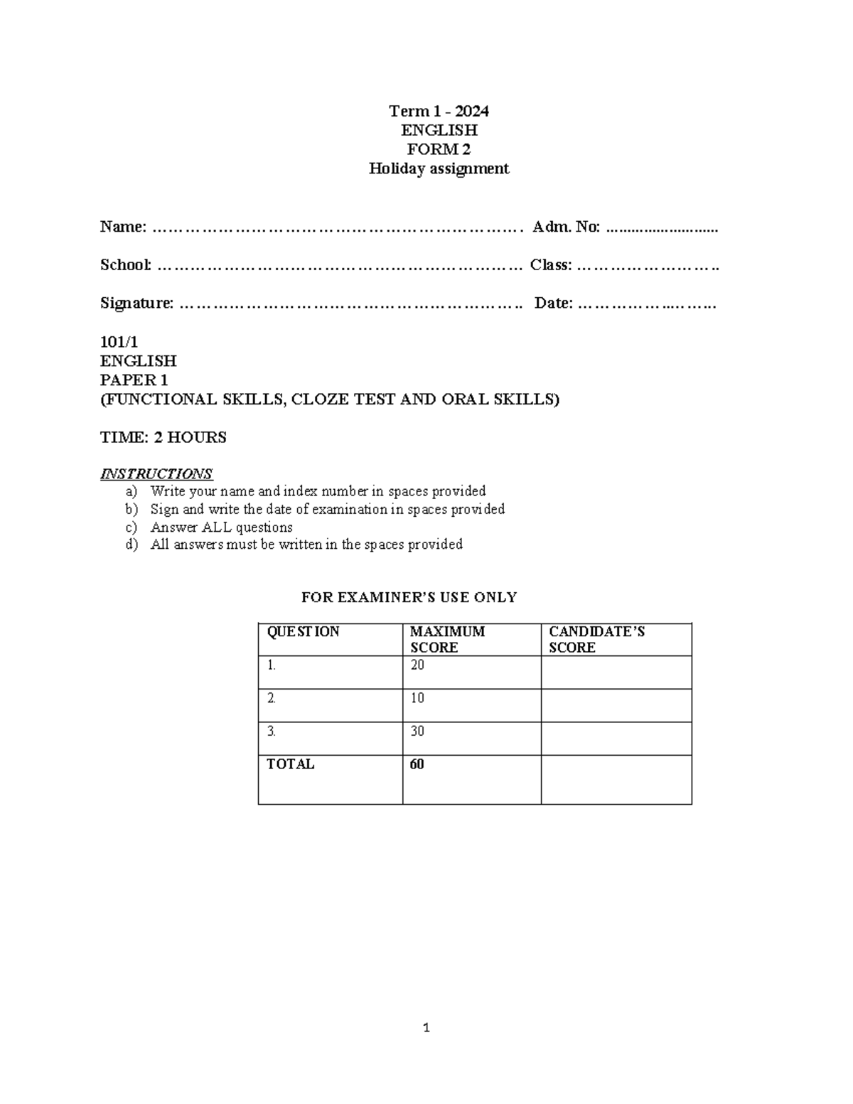 English F2 QS - Know - Term 1 - 2024 ENGLISH FORM 2 Holiday assignment ...