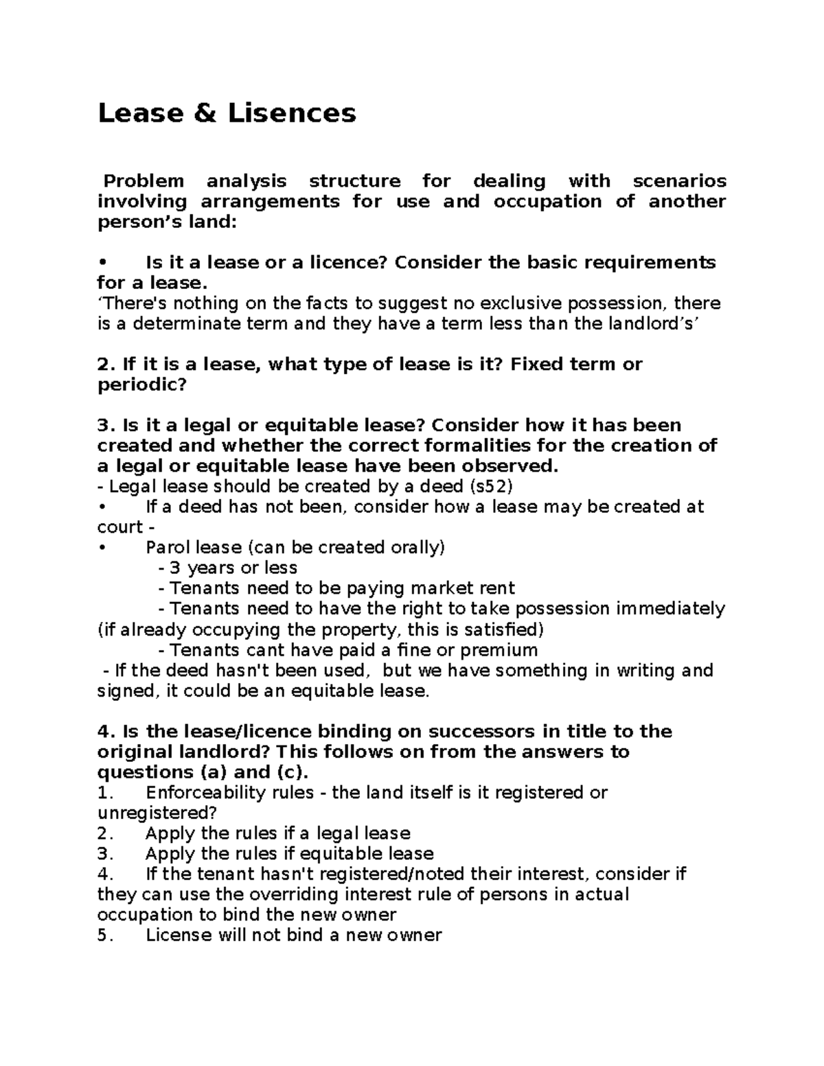 Land Law - Lease & Licences - Lease & Lisences Problem analysis ...
