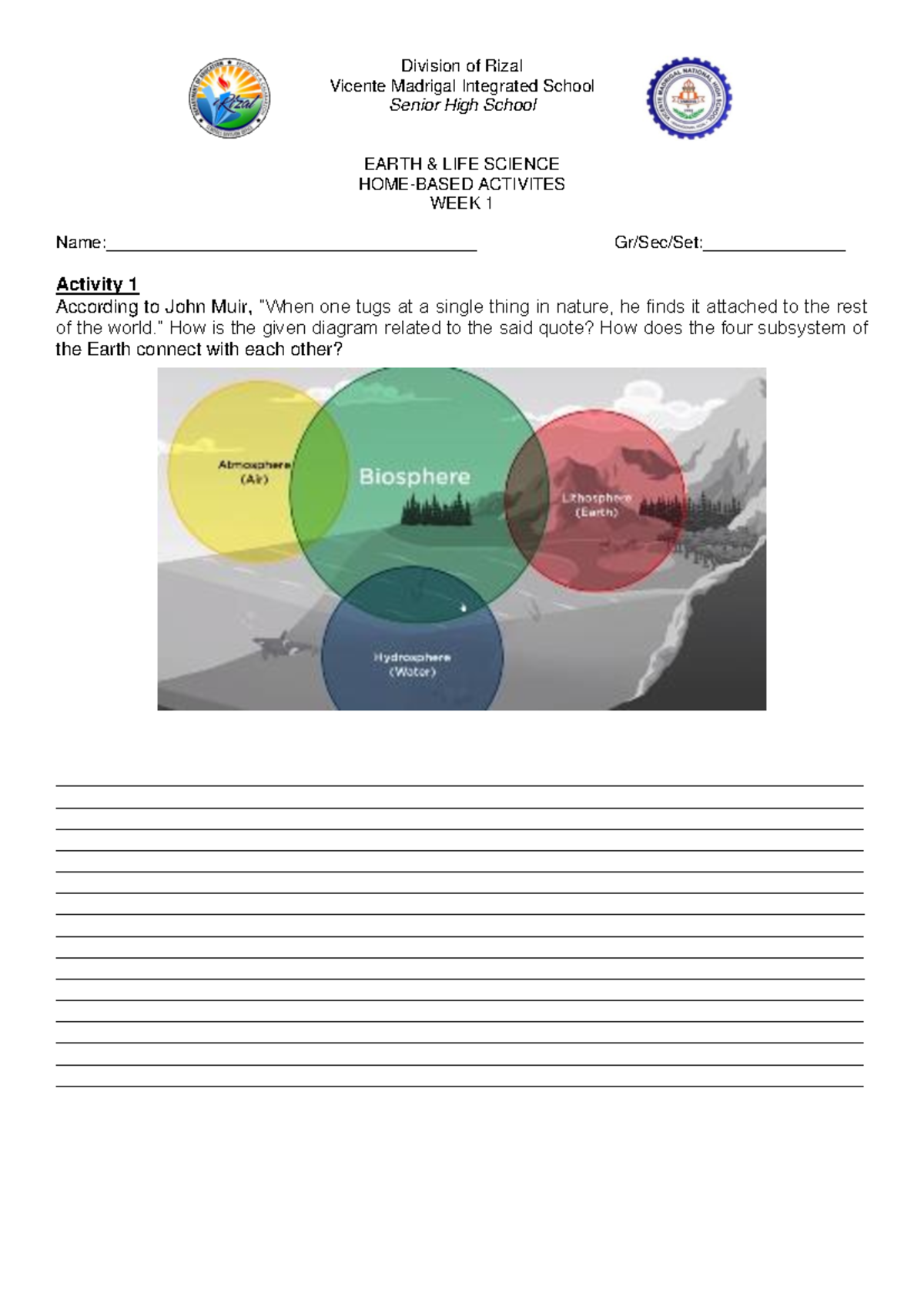 WEEK 1 HOME Based Activities in Earth Life Science - Division of Rizal ...