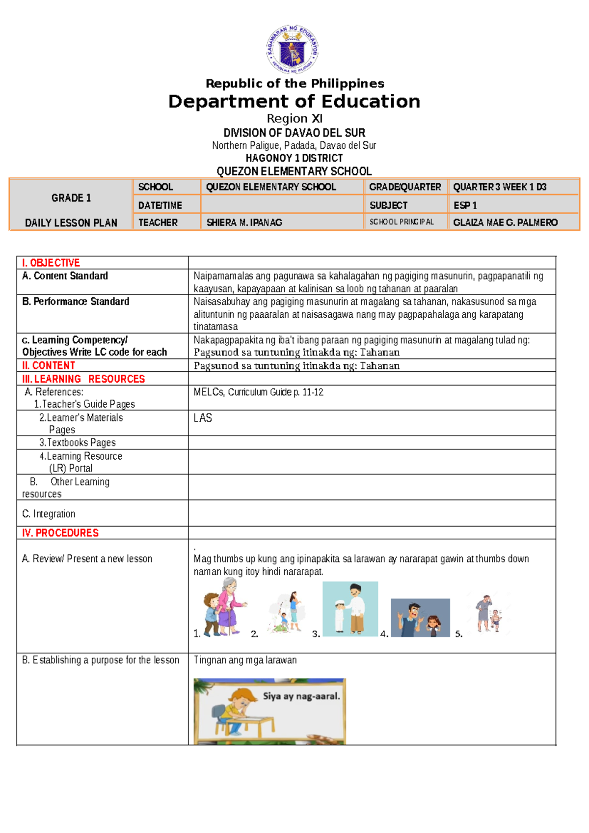 DLP ESP Q3 w1 D3 - Sample Lesson plan - Republic of the Philippines ...