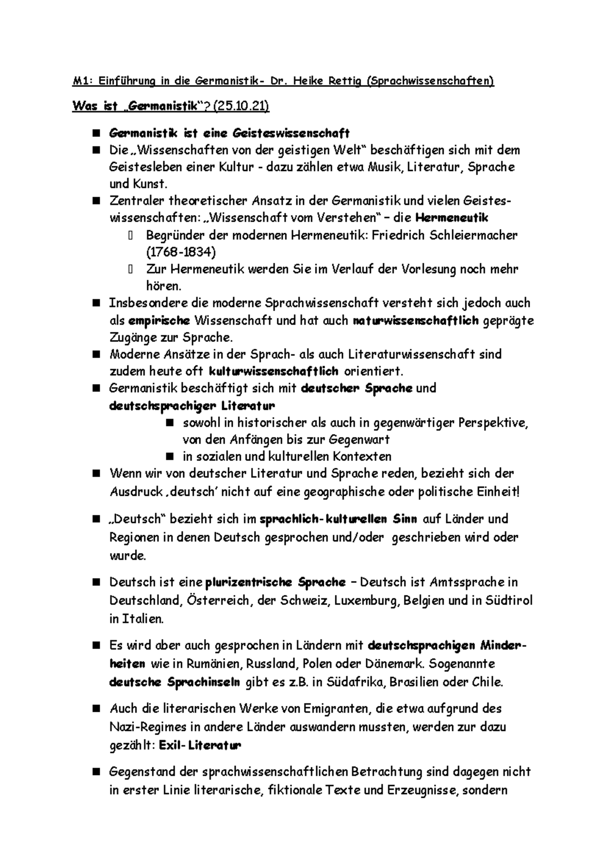 M1 Germanistik(Rettig) - M1: Einführung in die Germanistik- Dr. Heike ...