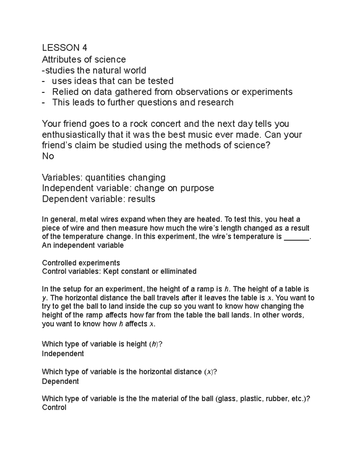 Notes Lesson 4-6 - LESSON 4 Attributes of science -studies the natural ...