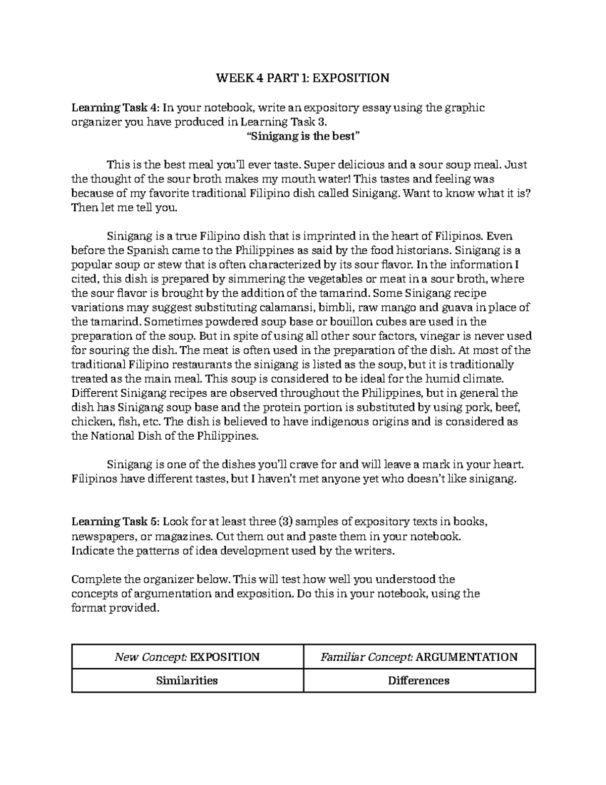 Expository - WEEK 4 PART 1: EXPOSITION Learning Task 4: In your ...