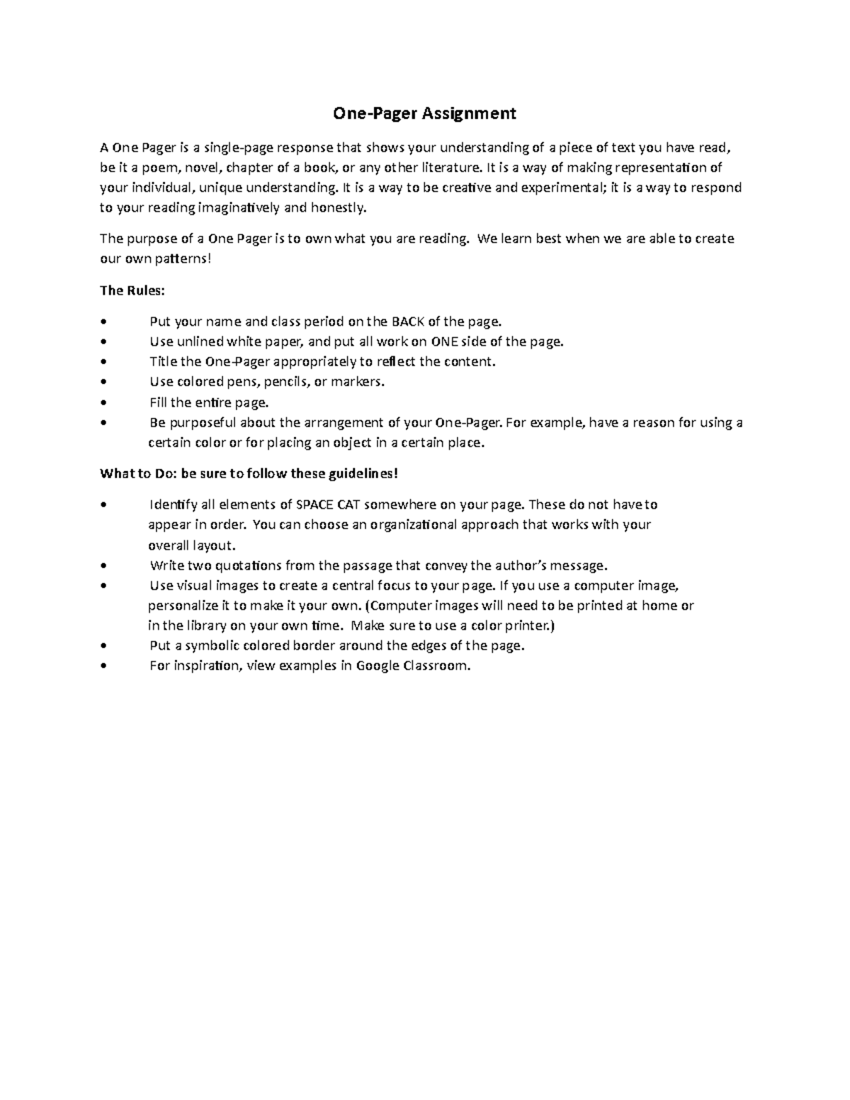 One Page Instructions - One-Pager Assignment A One Pager is a single ...