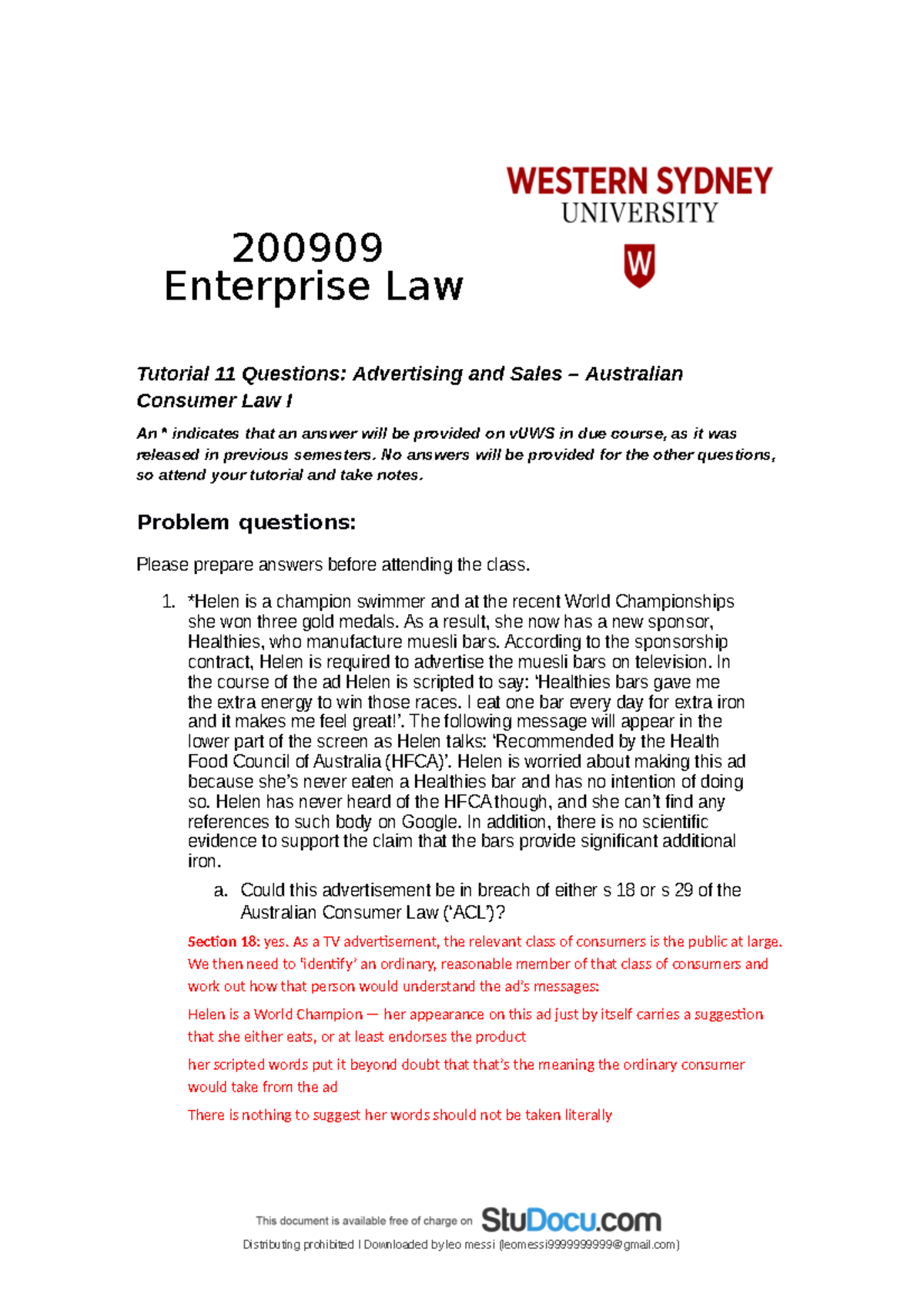 Tut 11 - NOTES - 200909 Enterprise Law Tutorial 11 Questions ...