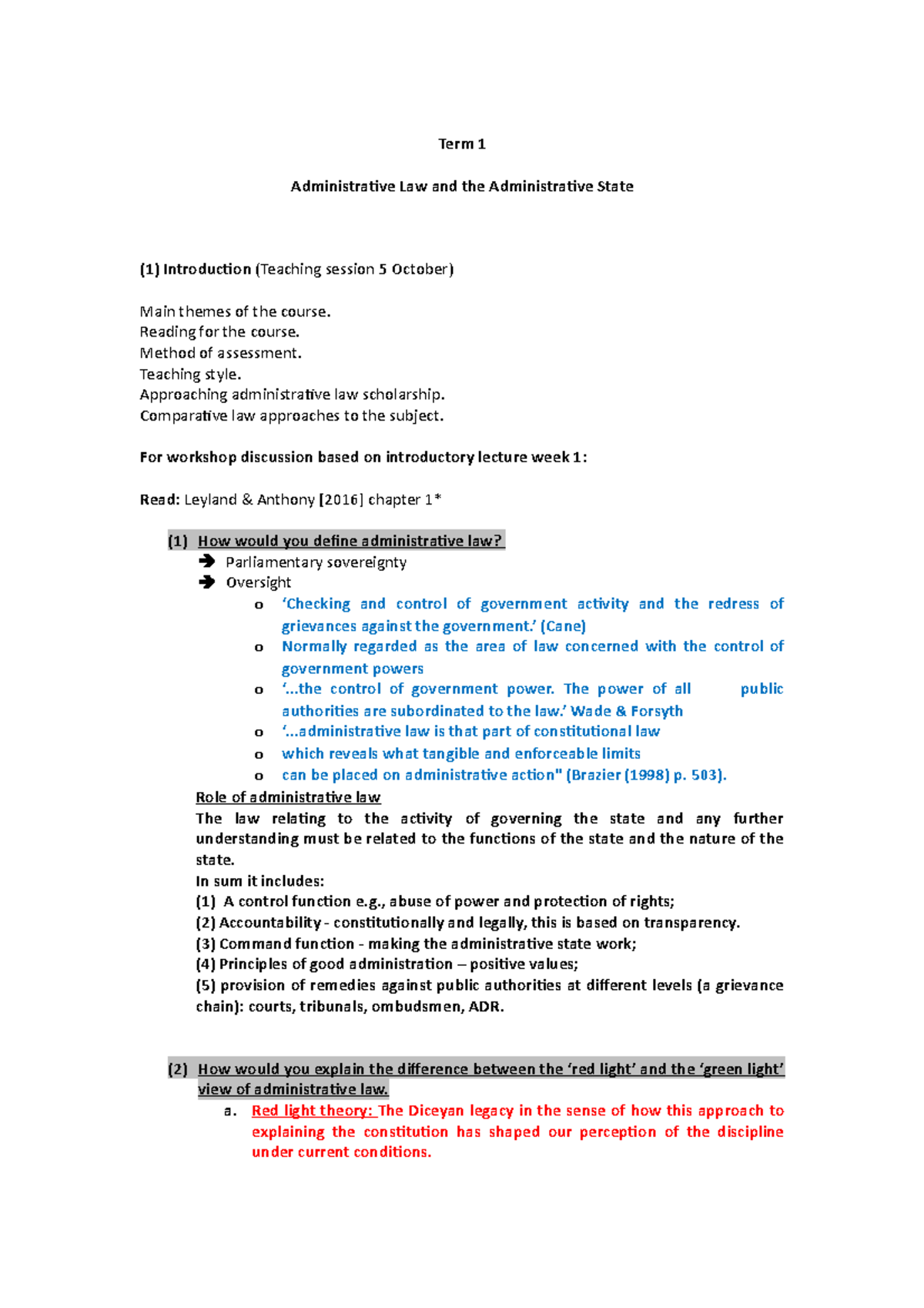 ACAL Study Workshop 1 - tutorial notes - Term 1 Administrative Law and ...
