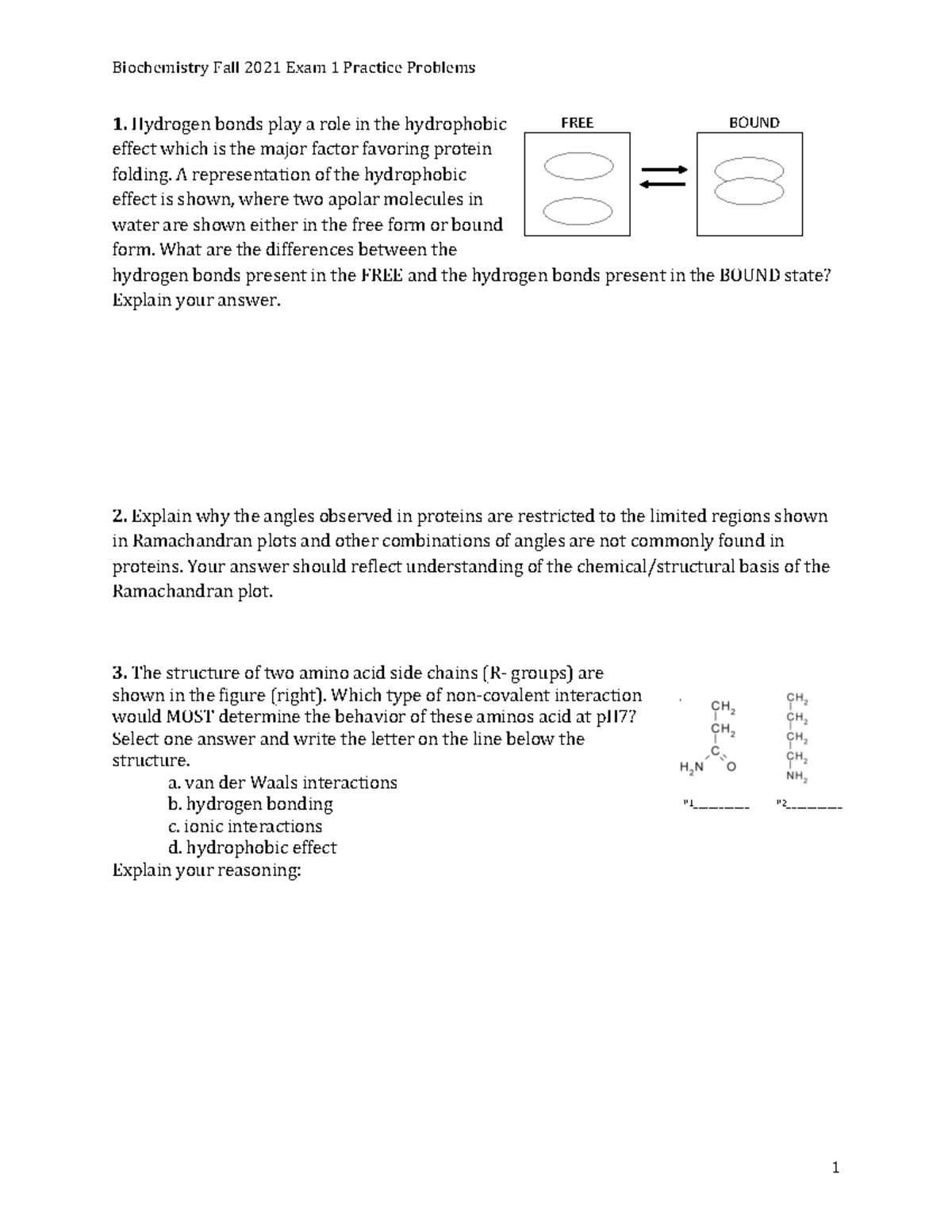 Fall Exam 1 Practice Problems - Biochemistry Fall 2021 Exam 1 Practice ...