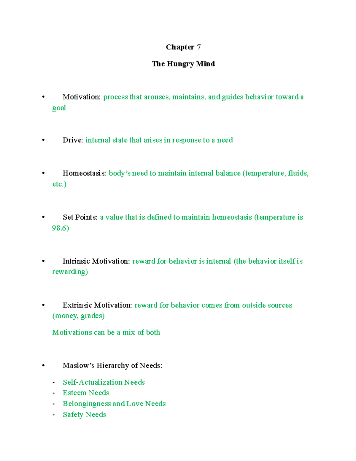 Psych Chapter 7 - Beth Gerace - Chapter 7 The Hungry Mind Motivation ...