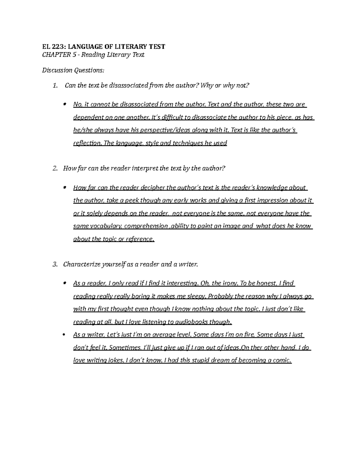 EL223 - Chapter 5 - Reading Literary Text - EL 223: LANGUAGE OF ...