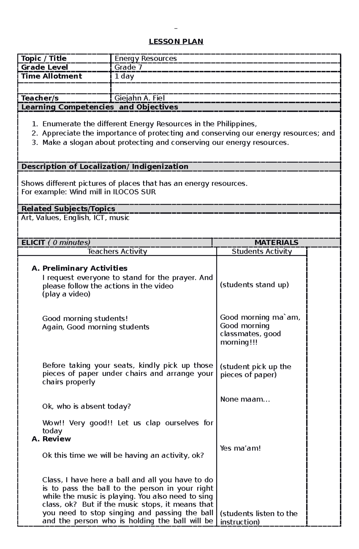 Copy and paste - A SAMPLE NOTES - LESSON PLAN Topic / Title Energy ...