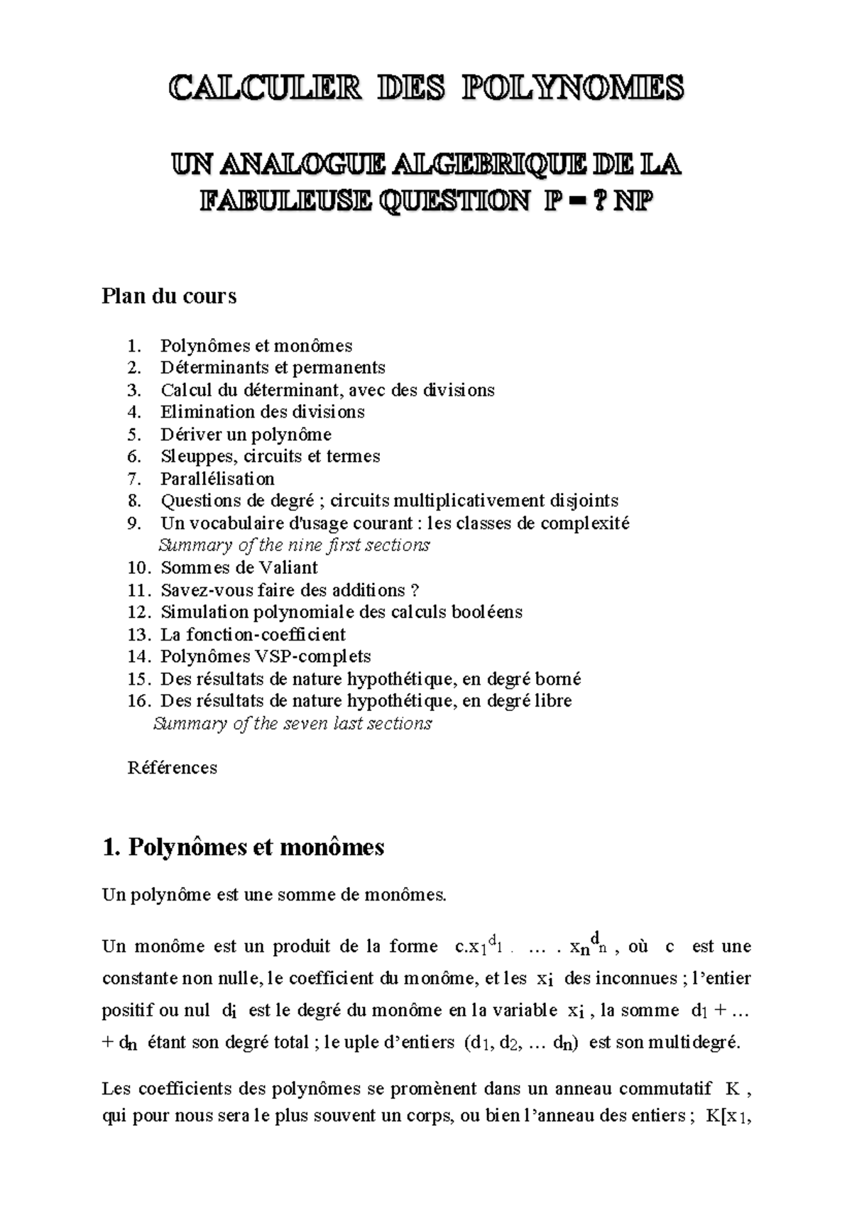 Calculer des polynomes - Plan du cours Polynômes et monômes ...