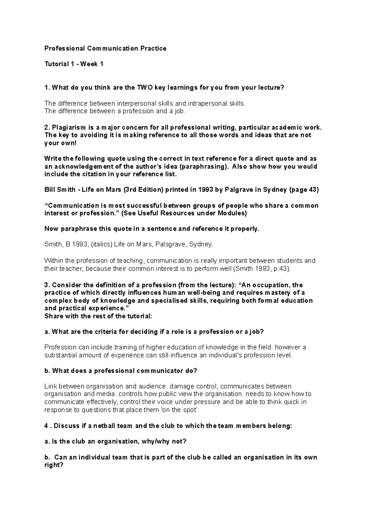 Week 1 Tutorial 1 Qs Professional Communication Practice Tutorial