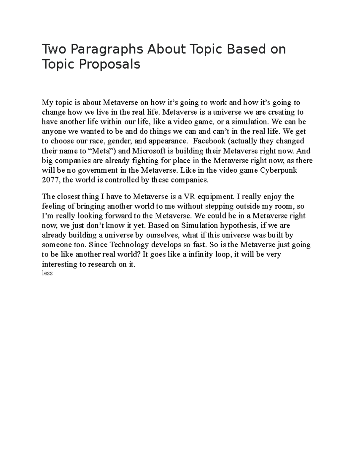 WRD 104 29 - Topic Proposal examples for Professor Dobble - Two ...