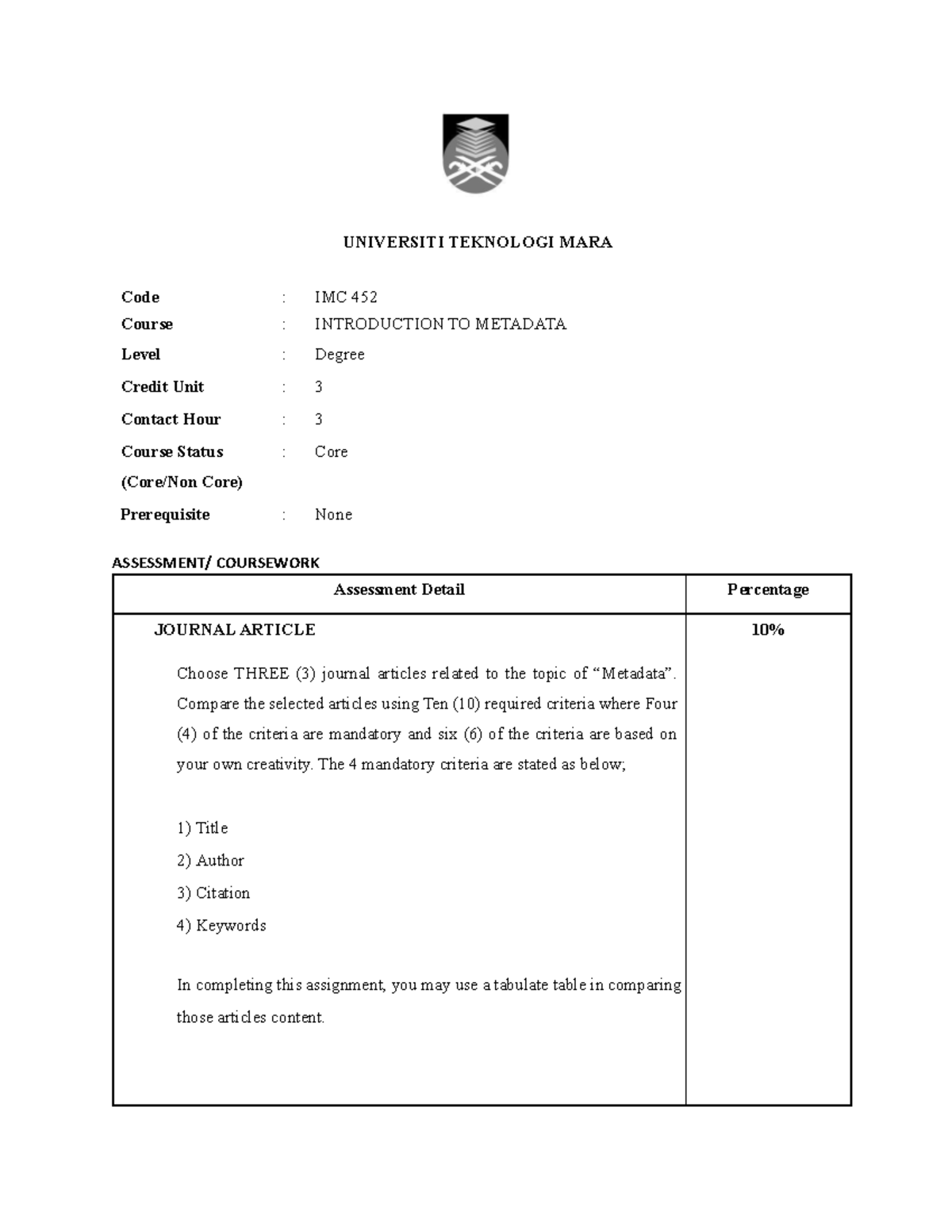 IMC452 Introduction to Metadata Assessment - UNIVERSITI TEKNOLOGI MARA ...