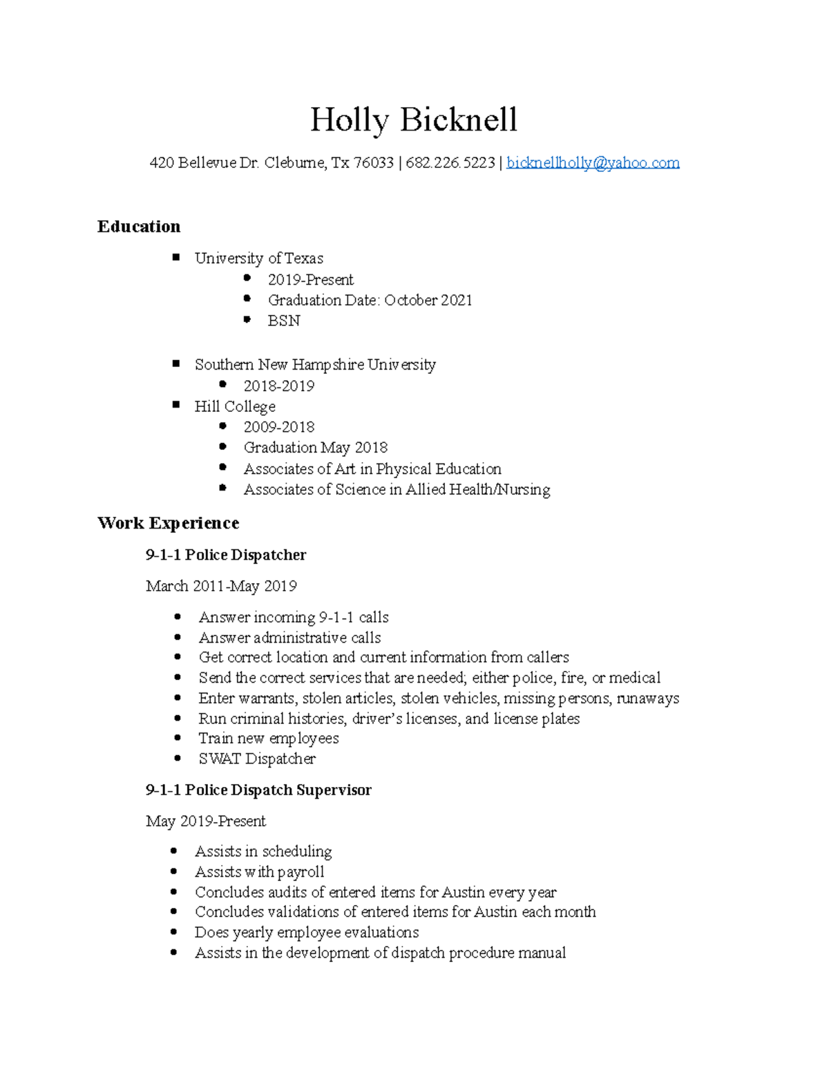 Technical Writing Resume - Holly Bicknell 420 Bellevue Dr. Cleburne, Tx ...