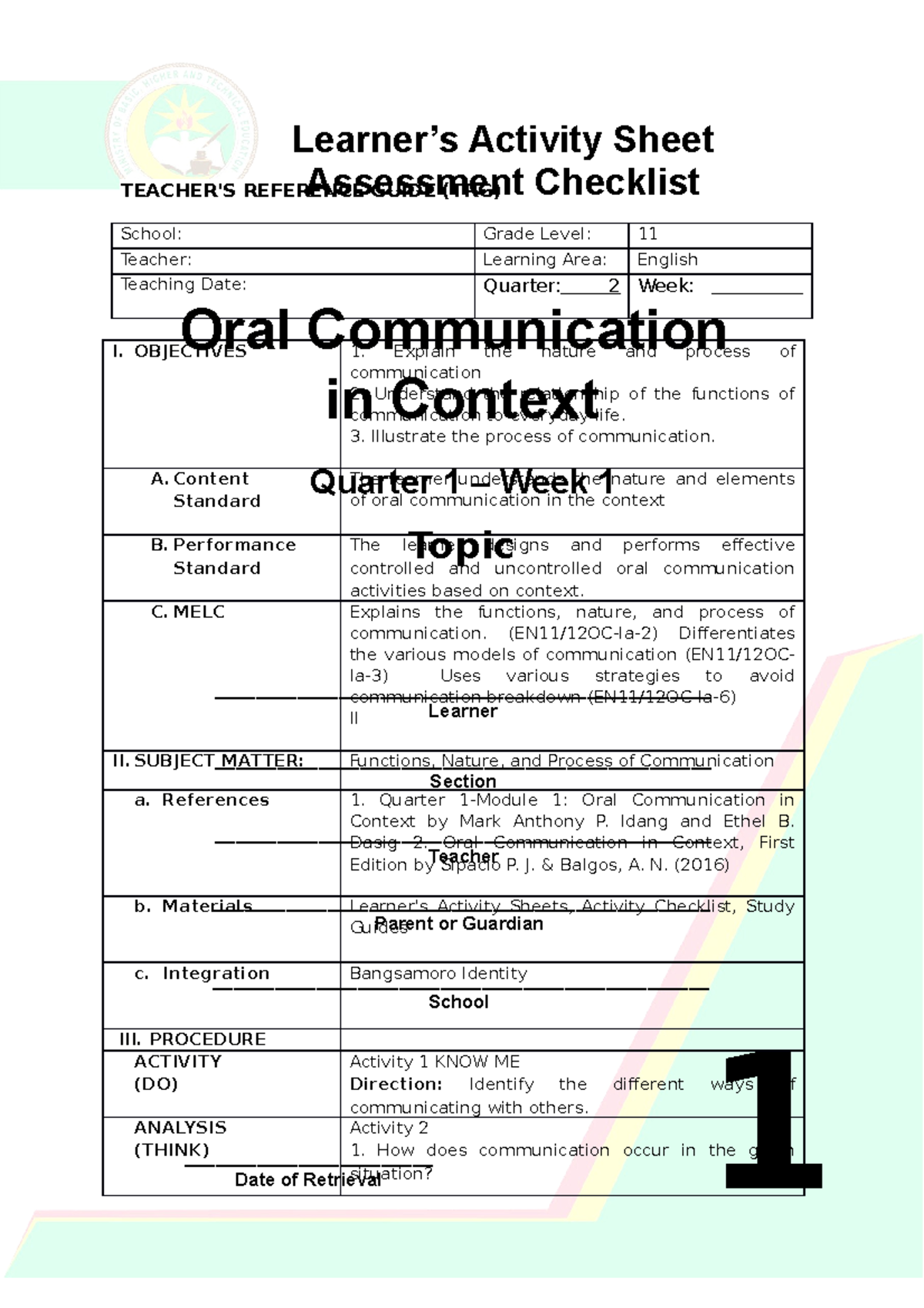 TRG NEW - documents - TEACHER'S REFERENCE GUIDE (TRG) School: Grade ...