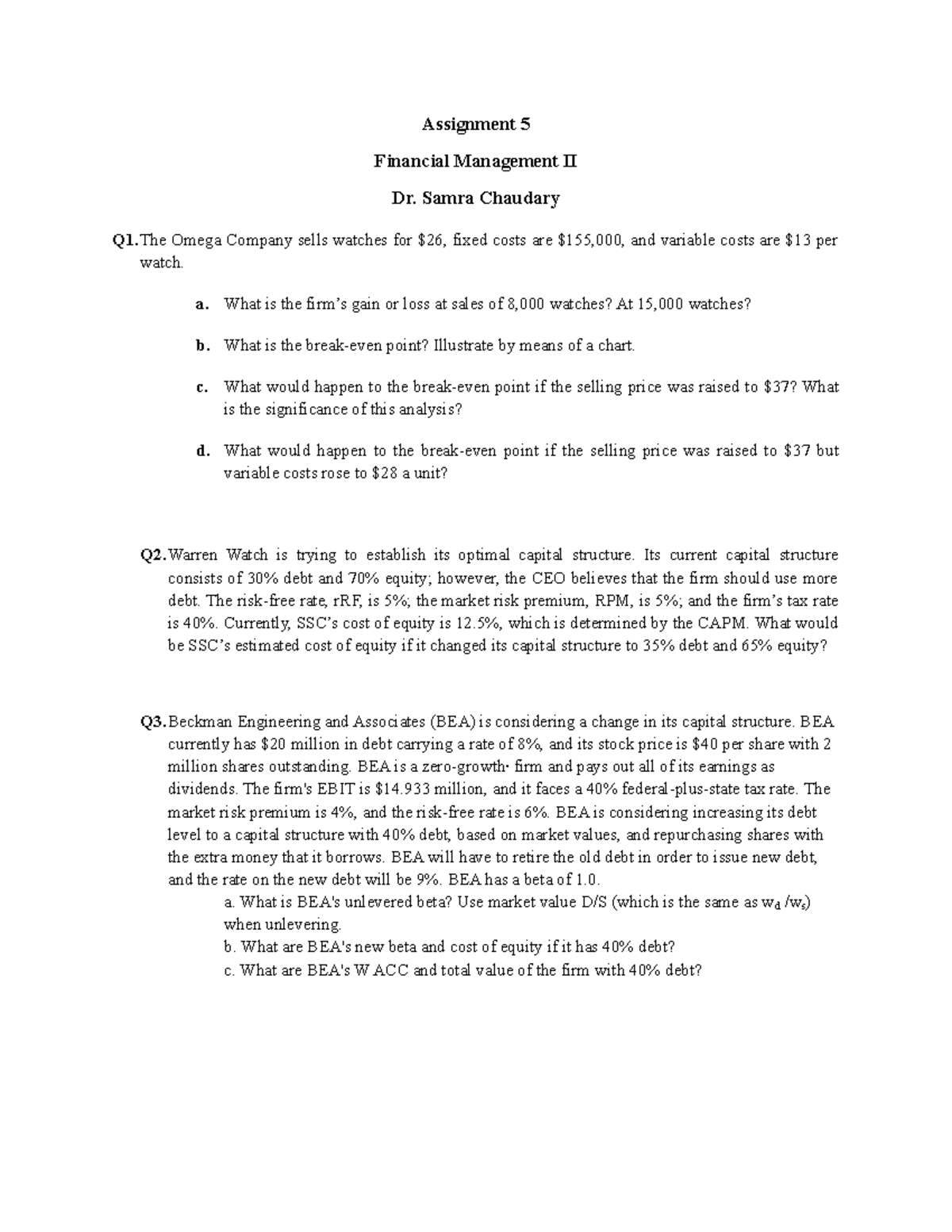 Assignment 5 Banking lect 5 - Assignment 5 Financial Management II Dr ...