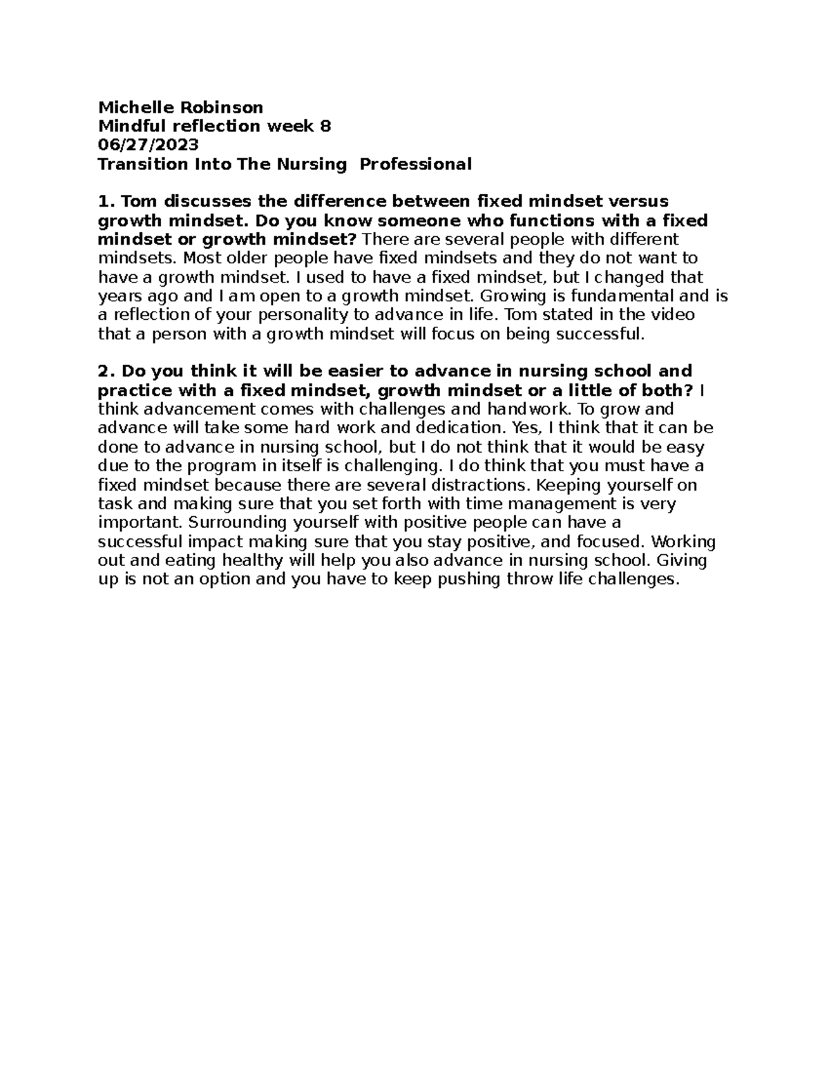 Week 8 Reflection TR Michelle Robinson - Michelle Robinson Mindful reflection week 8 06/27 ...