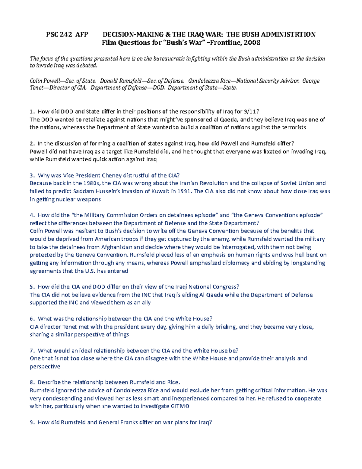 PSC 242 quest Bush's War film - PSC 242 AFP DECISION-MAKING & THE IRAQ ...